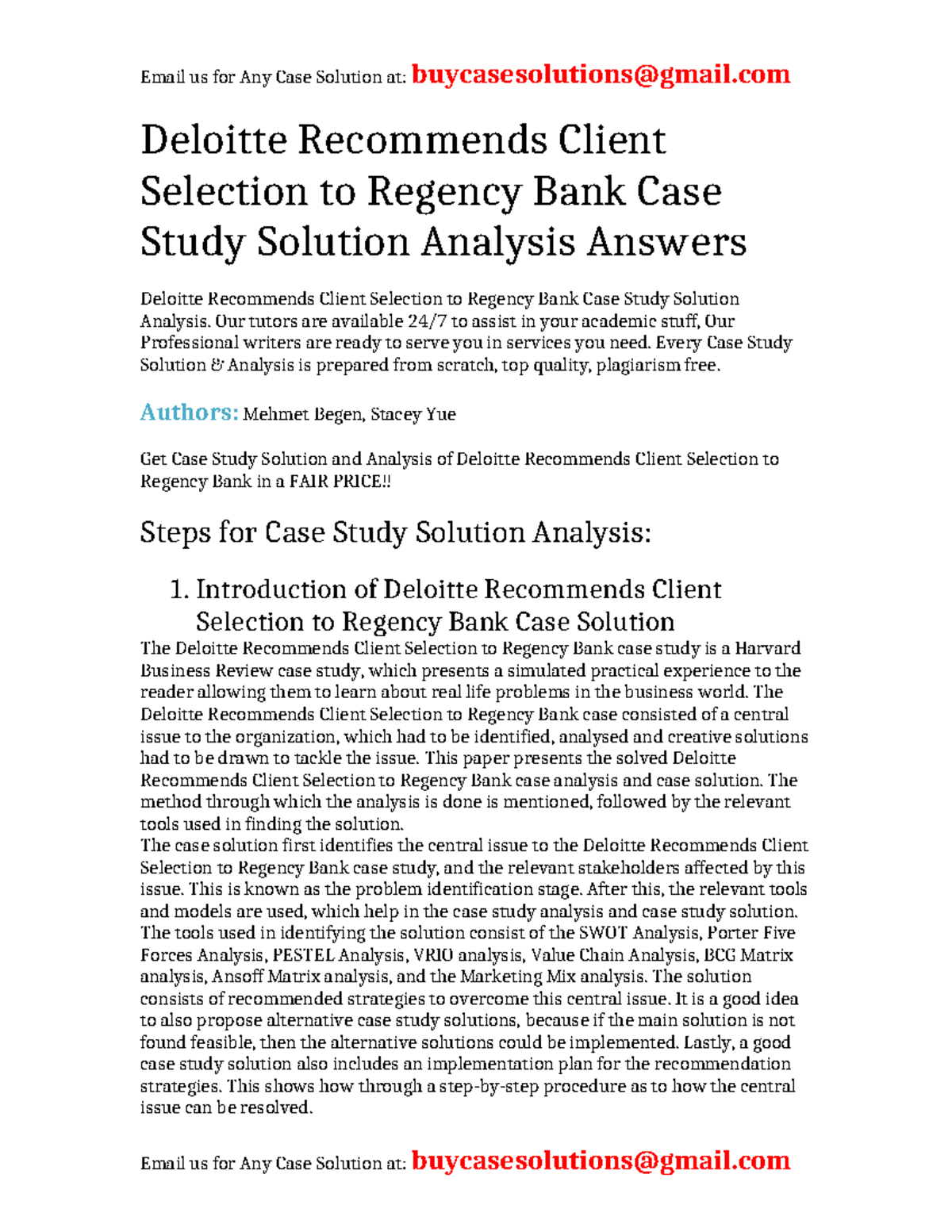Case Solution Deloitte Recommends Client Selection to Regency Bank ...