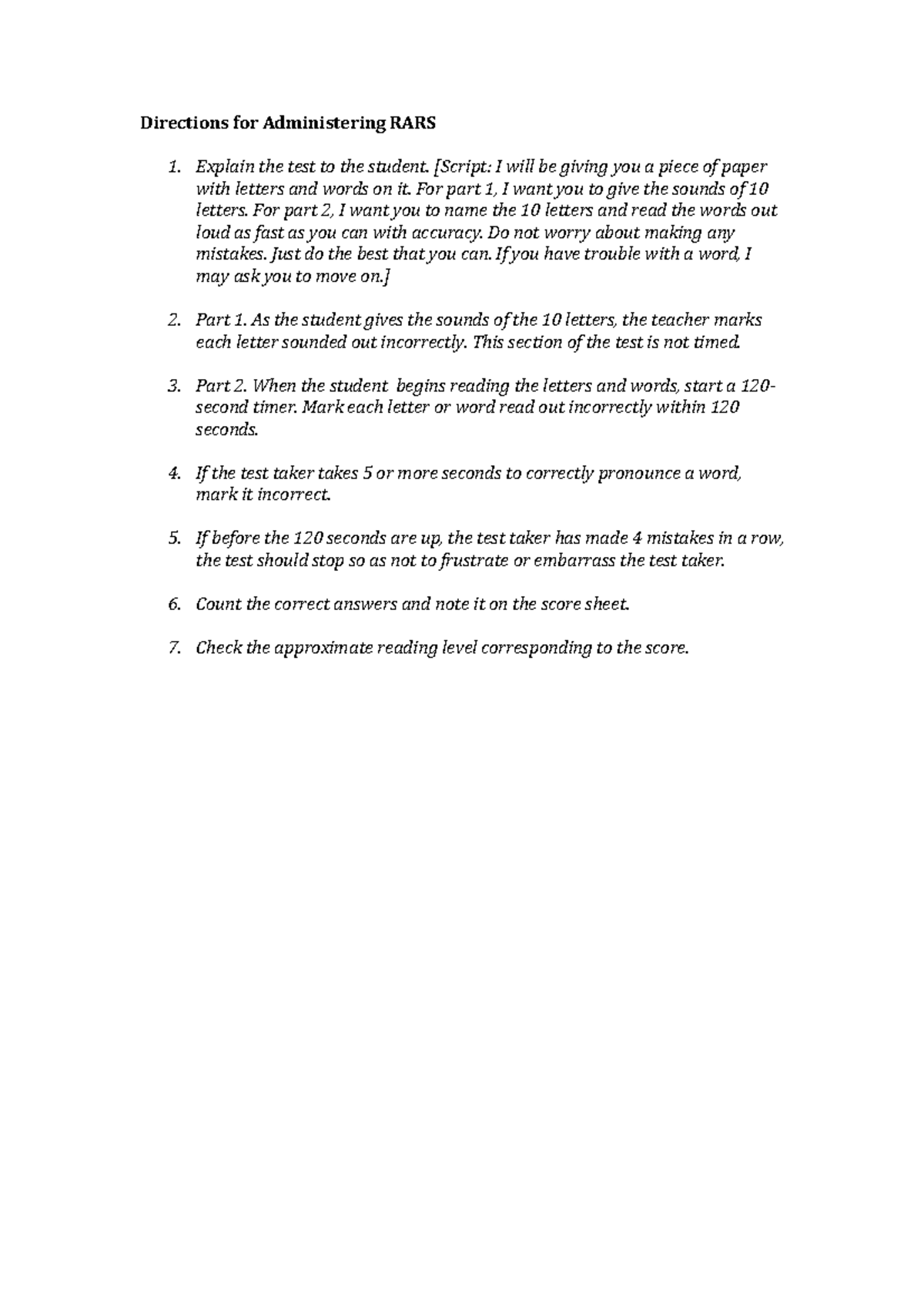 2a - reading guide - Directions for Administering RARS Explain the test ...