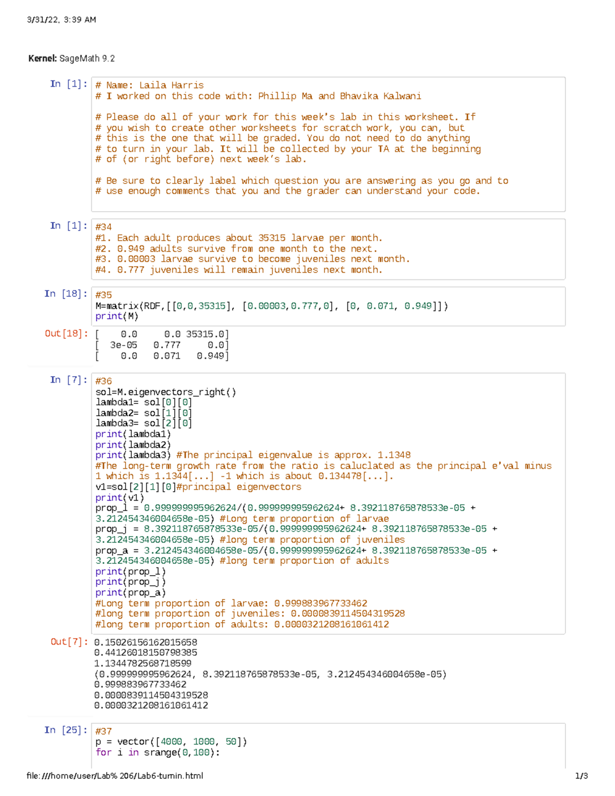 Lab6-turnin - LAB 6 for 30B life sciences - 3/31/22, 3:39 AM file: 1/ Kernel: SageMath 9. In [ 1 ...