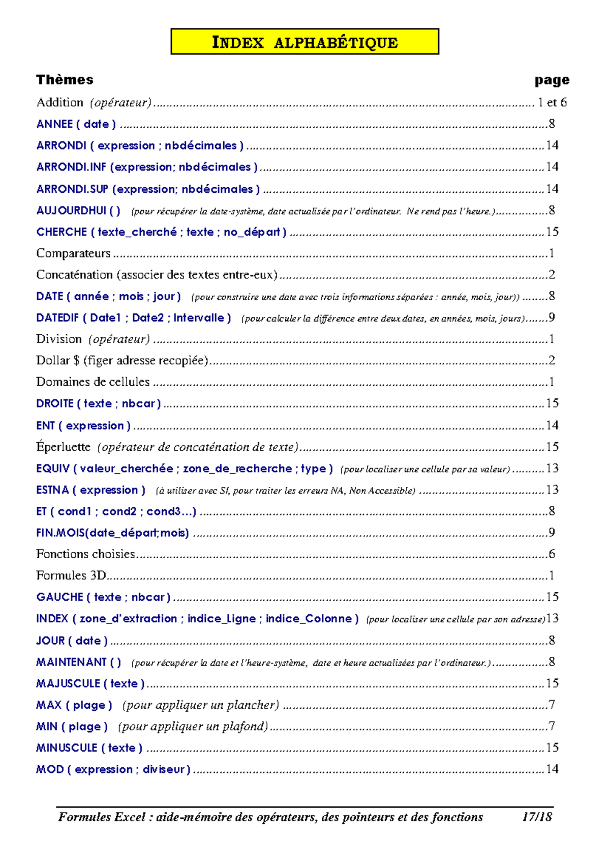 Tice L1 Excel 2023 aide memoire formules et fonctions excel - INDEX ...