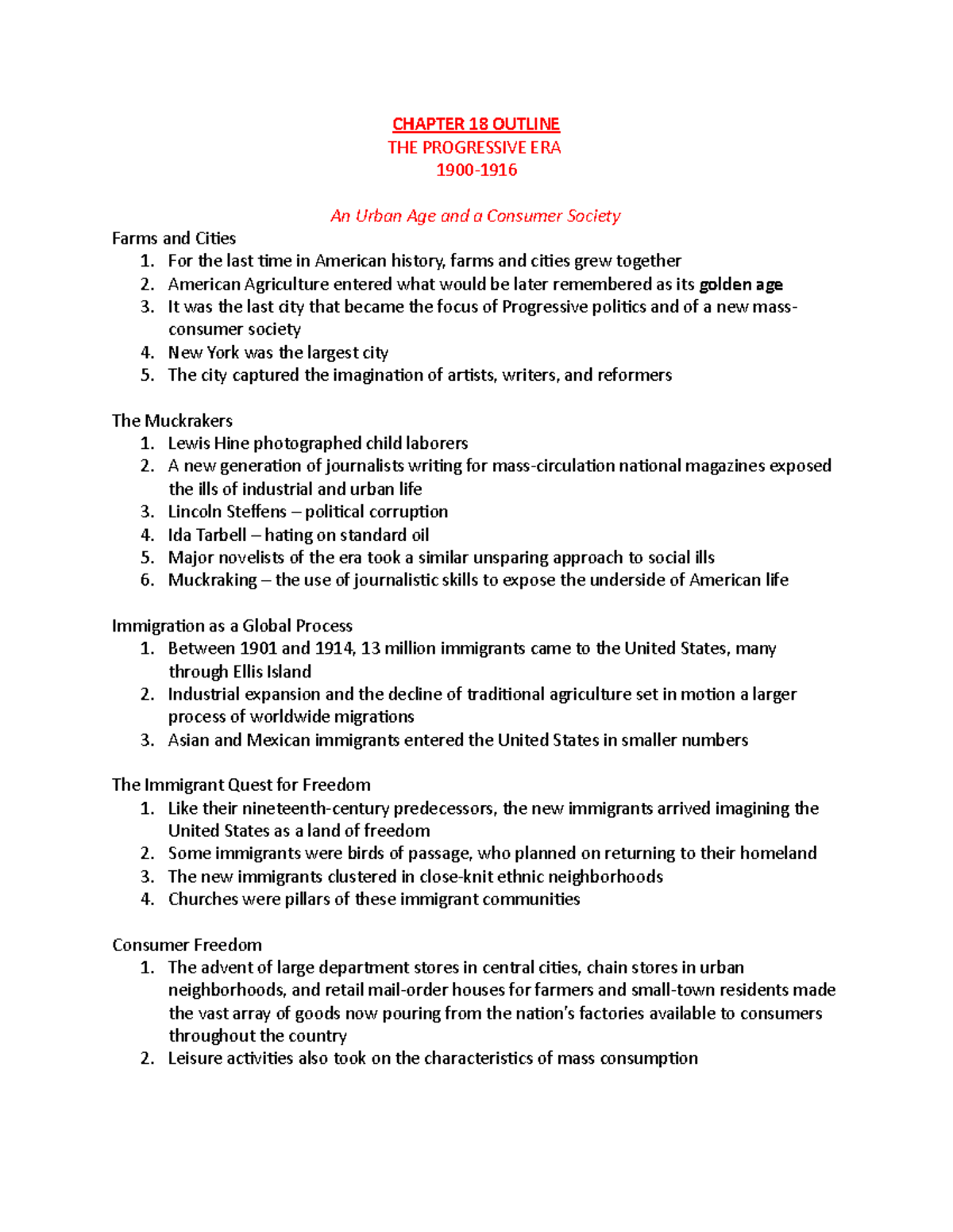 Chapter 18 Outline - CHAPTER 18 OUTLINE THE PROGRESSIVE ERA 1900- An ...