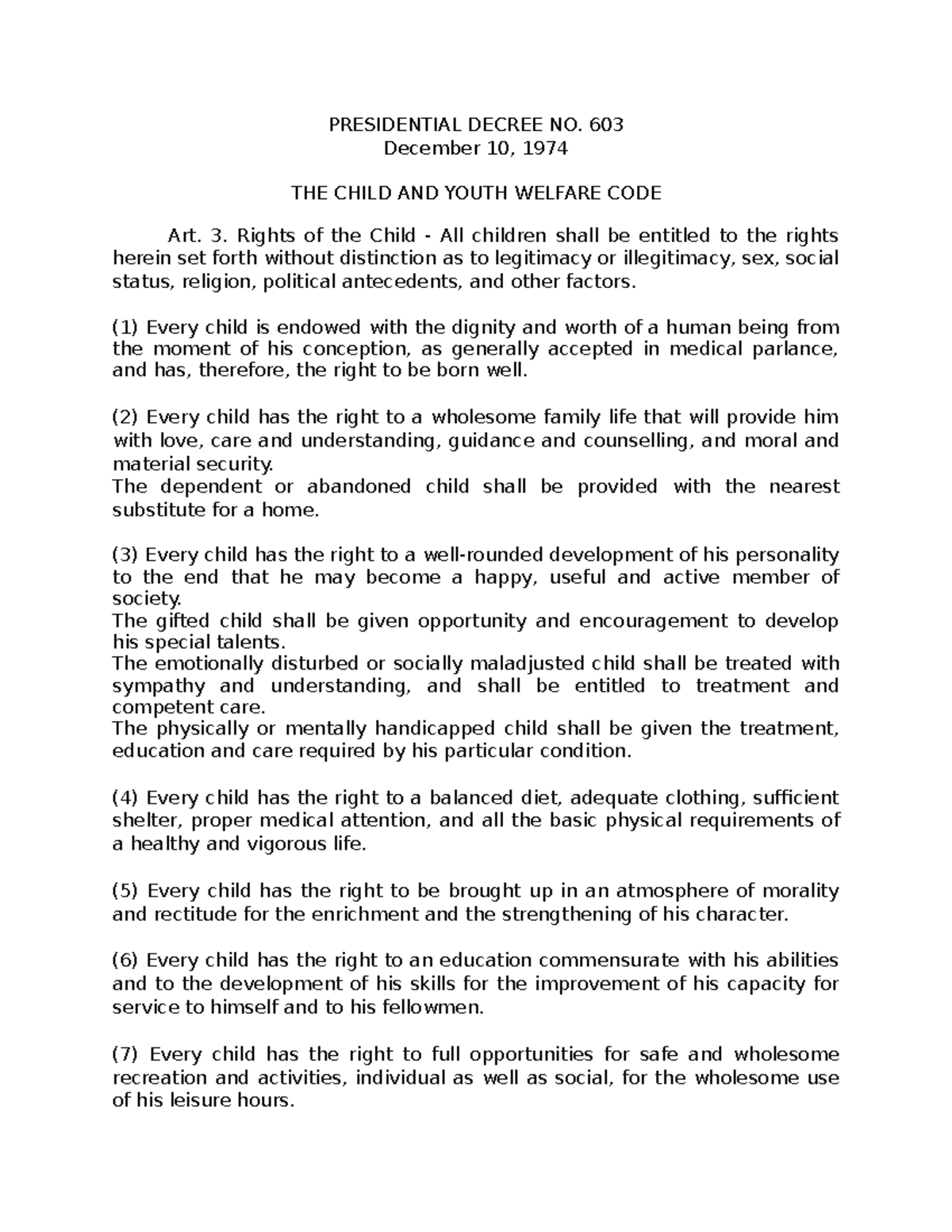 Childand Ado - child - PRESIDENTIAL DECREE NO. 603 December 10, 1974 ...