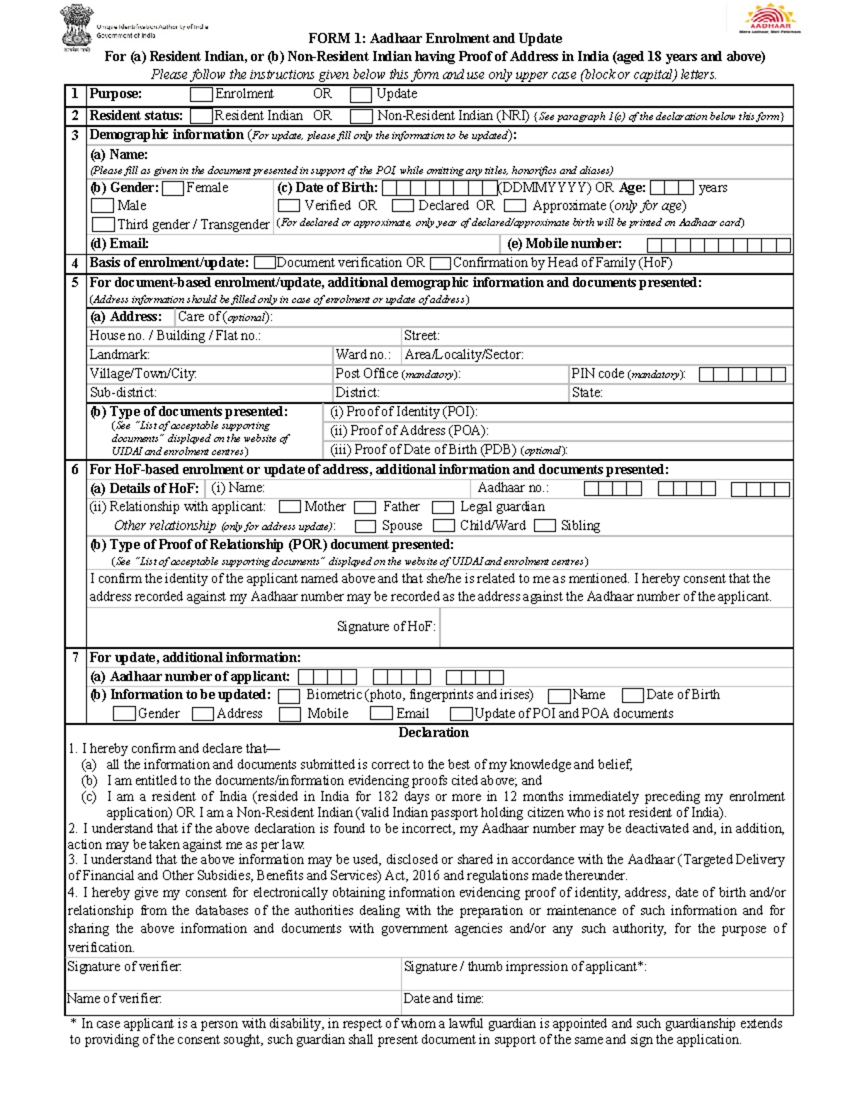 Form 1 Eng - Huh jo - FORM 1: Aadhaar Enrolment and Update For (a ...