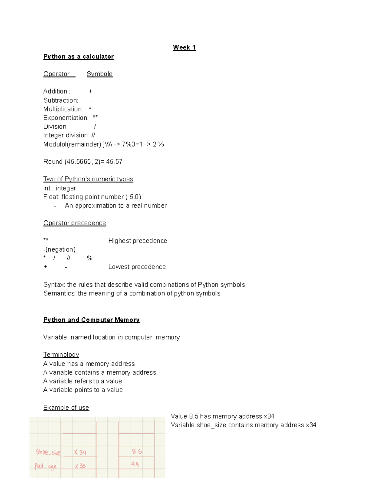 CSC 108 - CSC108 notes - Week 1 Python as a calculator Operator Symbole ...