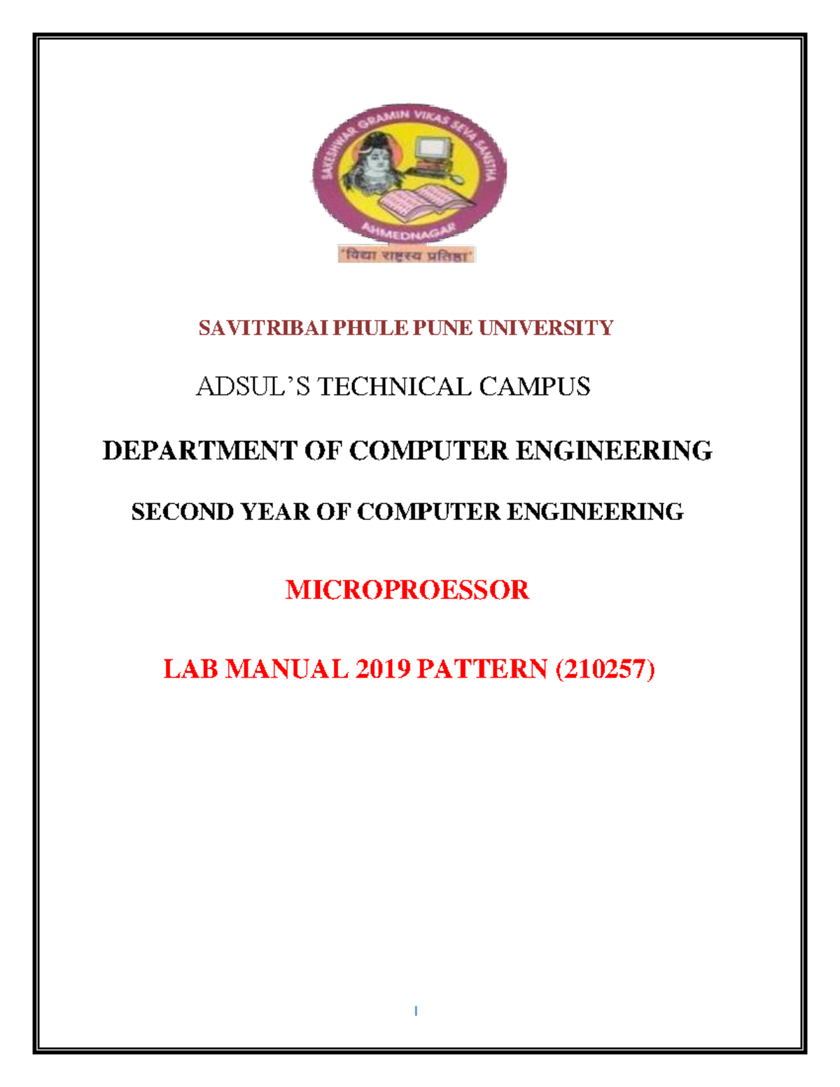 MP Lab Manual - SAVITRIBAI PHULE PUNE UNIVERSITY ADSUL’S TECHNICAL CAMPUS DEPARTMENT OF COMPUTER ...