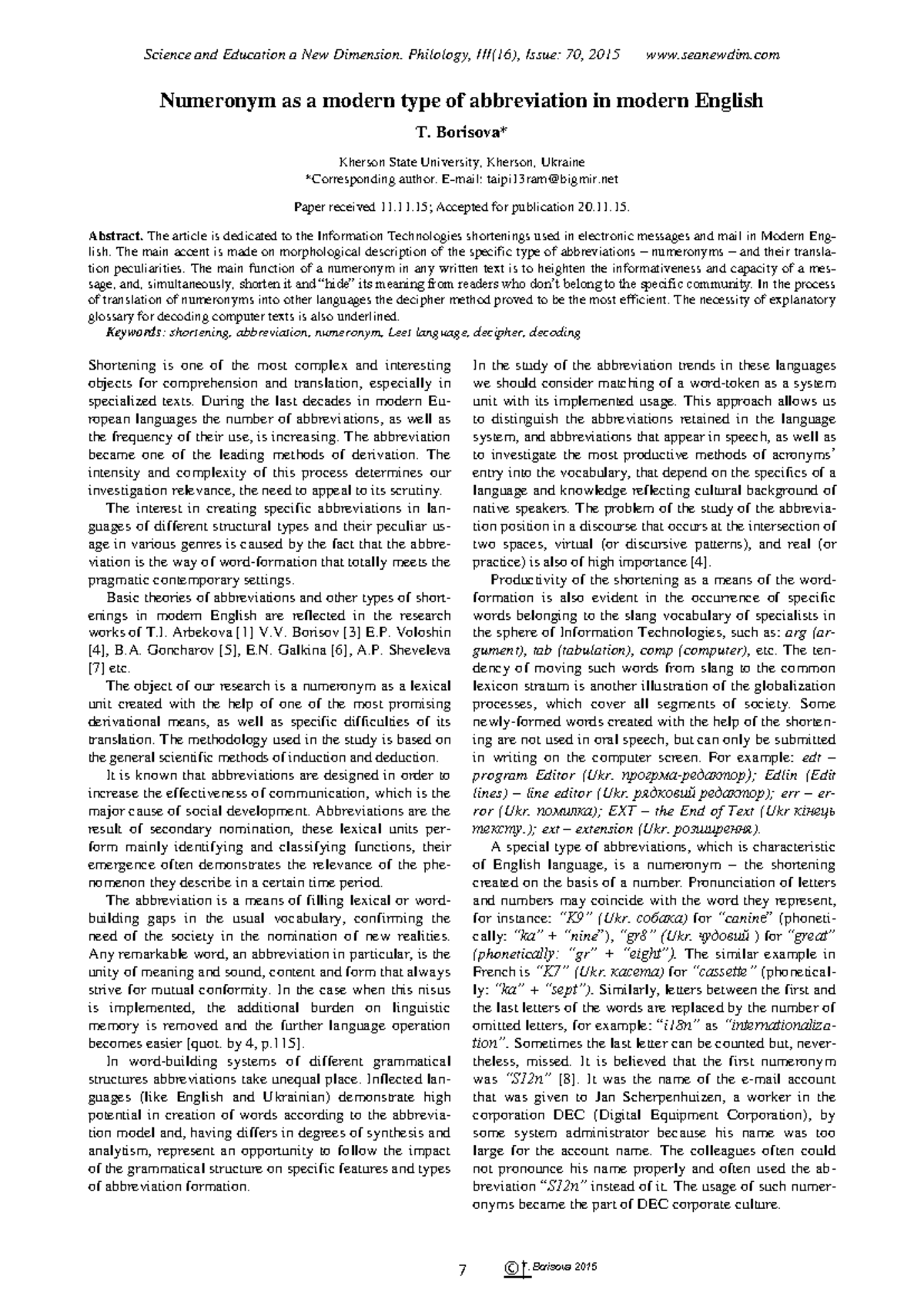 Numeronym as a modern type of abbreviation in modern English T ...