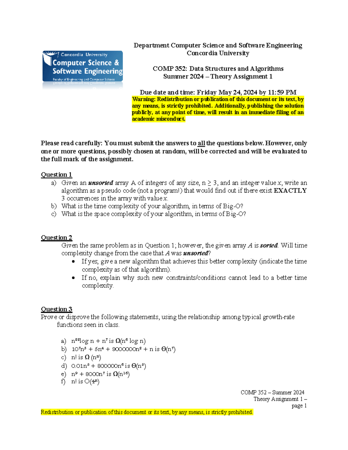 Comp352 S24 Theory-Assignment 1 - COMP 352 – Summer 2024 Theory Assignment 1 – page 1 ...
