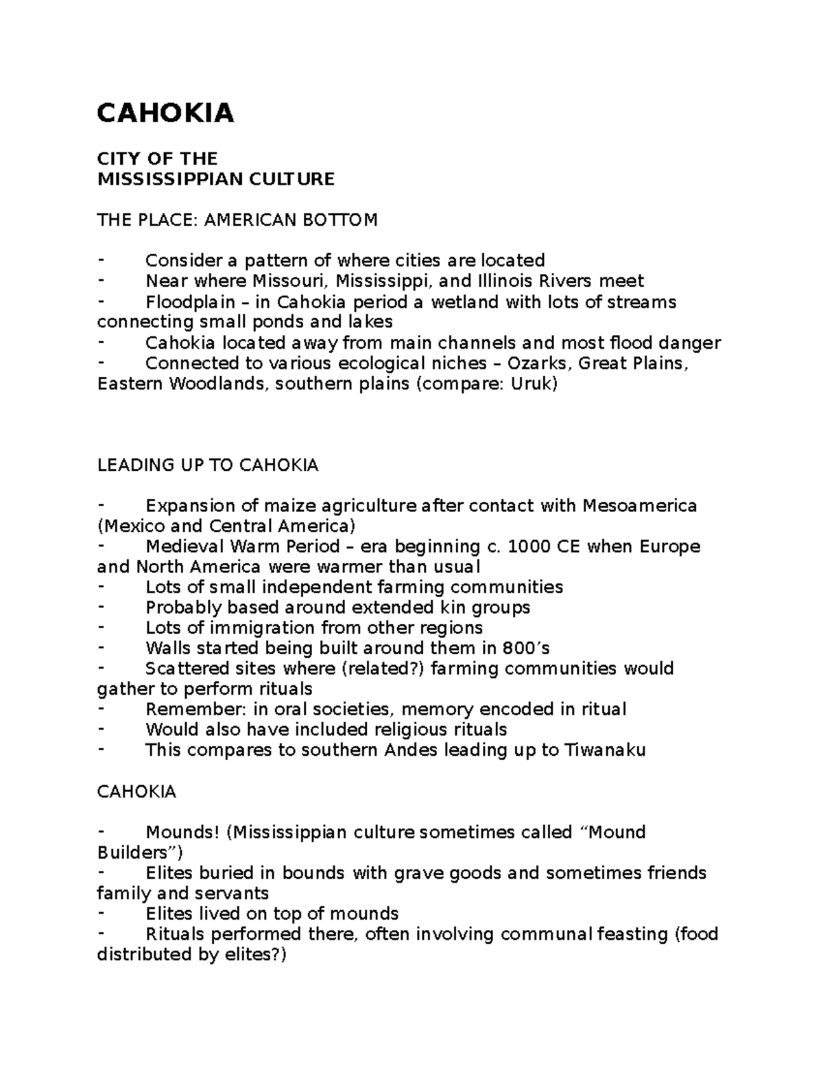 Cahokia - Course notes were taken throughout the semester for History ...