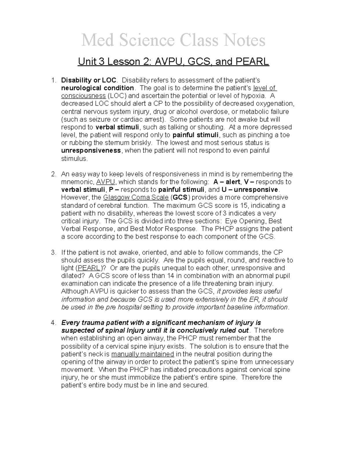 Unit 3 Lesson 2 AVPU GCS and Pearl - Unit 3 Lesson 2: AVPU, GCS, and ...
