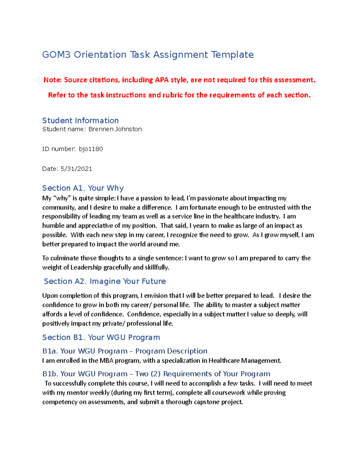 GOM3 Orientation Task Assignment - Refer to the task instructions and rubric for the ...