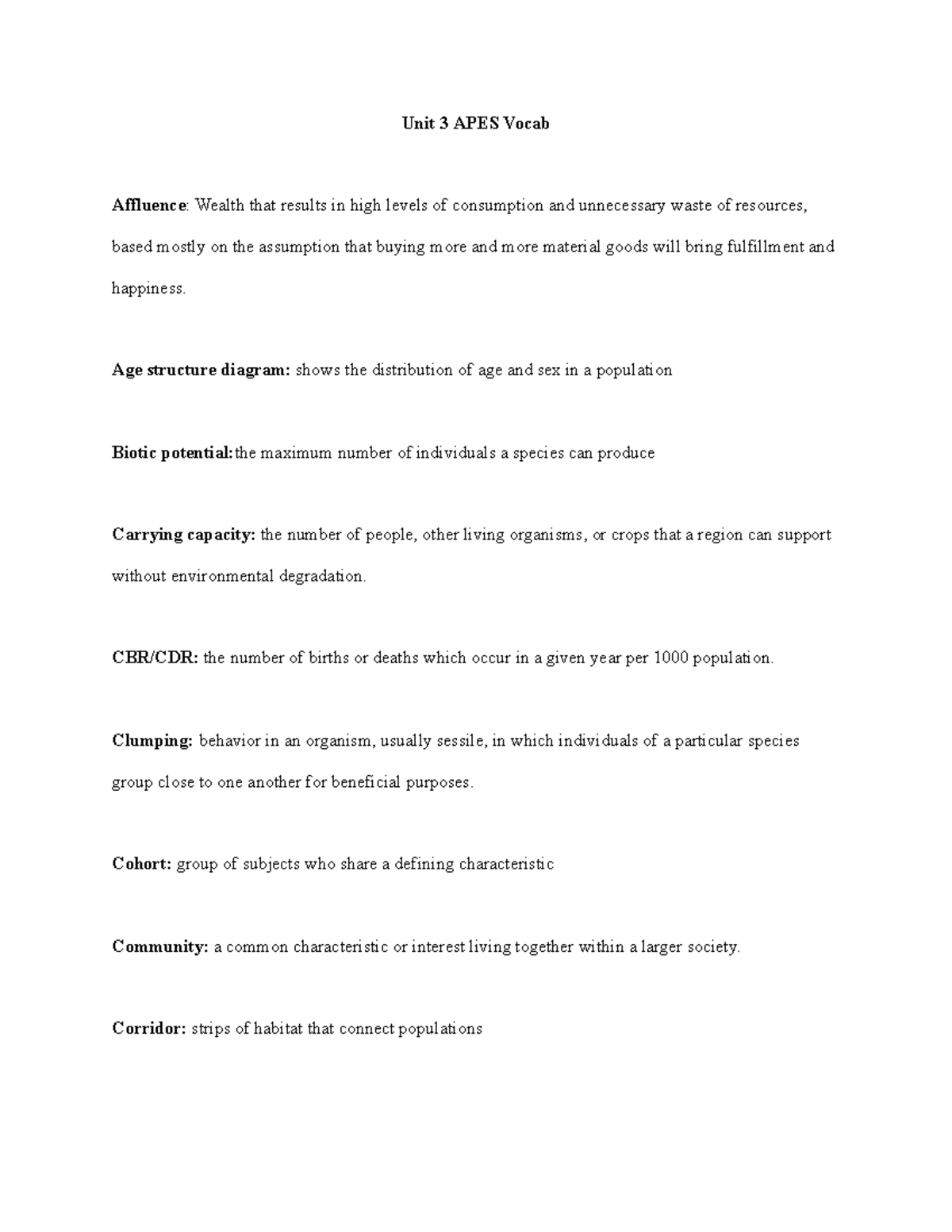 Apes vocab unit 3 - Unit 3 APES Vocab Affluence: Wealth that results in ...