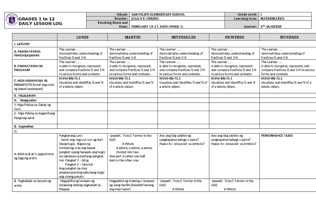 DLL Mathematics 1 Q3 W1 - READY - GRADES 1 to 12 DAILY LESSON LOG ...