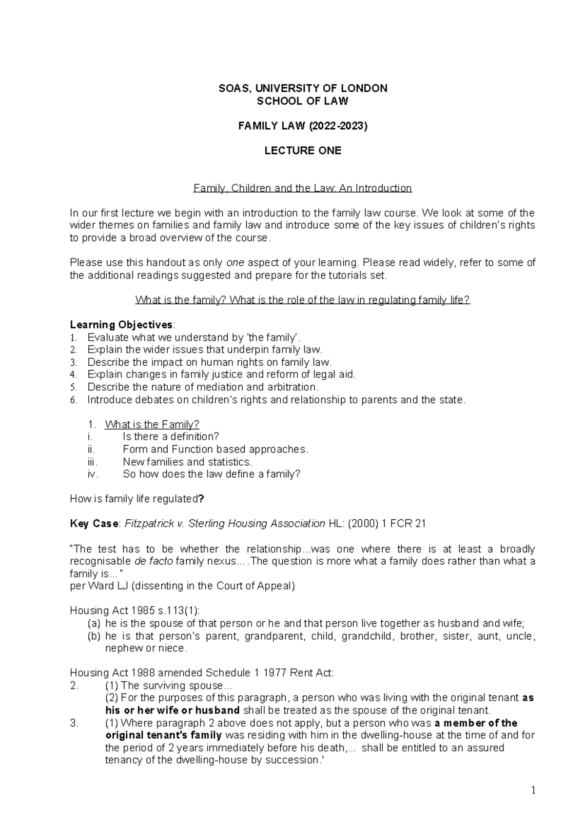 Lecture 1 Handout - Family law, worksop notes - SOAS, UNIVERSITY OF ...