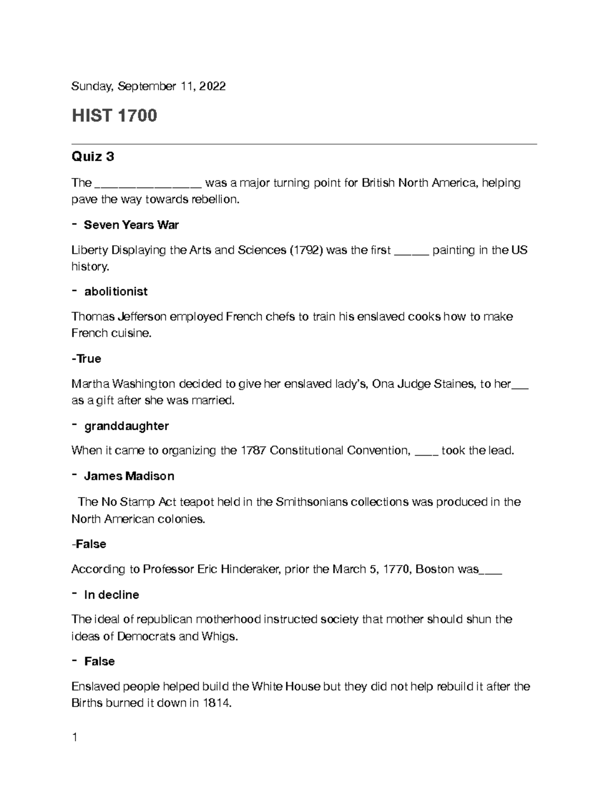 HIST 1700 notes - Sunday, September 11, 2022 HIST 1700 Quiz 3 The ...