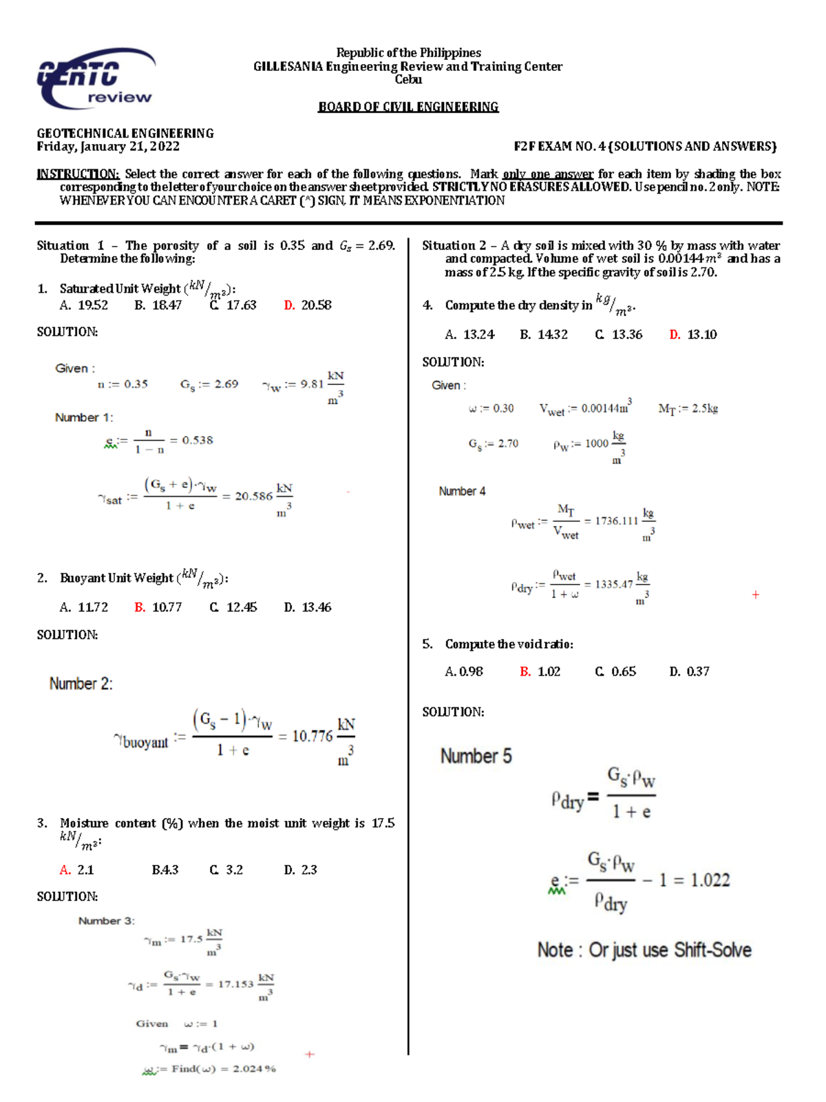 Geotech - Exam 4 (F2F) - Solutions - GILLESANIA Engineering Review and ...
