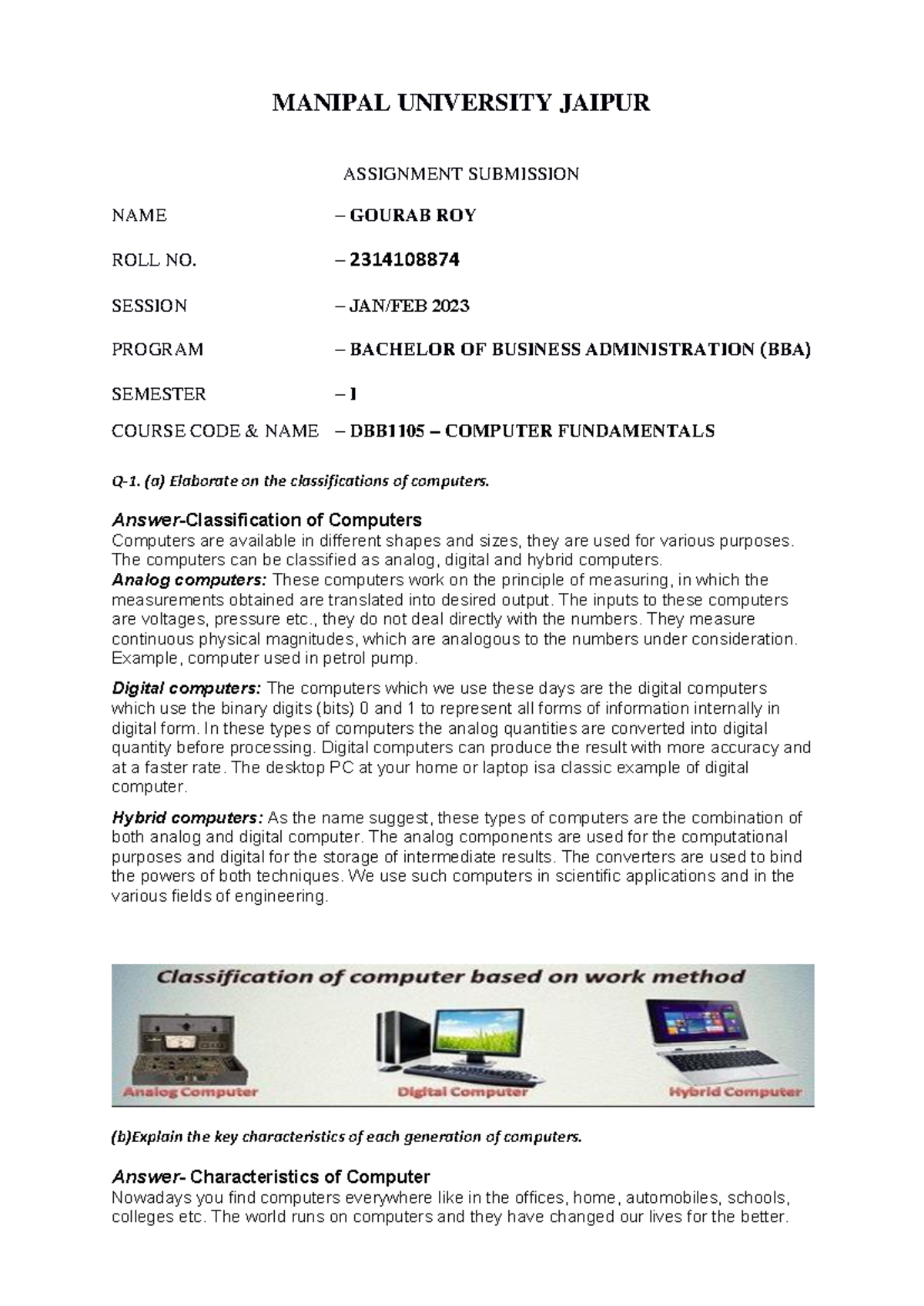 Computer Fundamentals - DBB1105 MAR 2023 - MANIPAL UNIVERSITY JAIPUR ASSIGNMENT SUBMISSION NAME ...