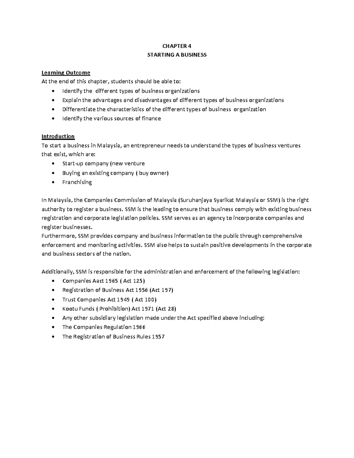 Chapter 4; Starting A Business - CHAPTER 4 STARTING A BUSINESS Learning ...