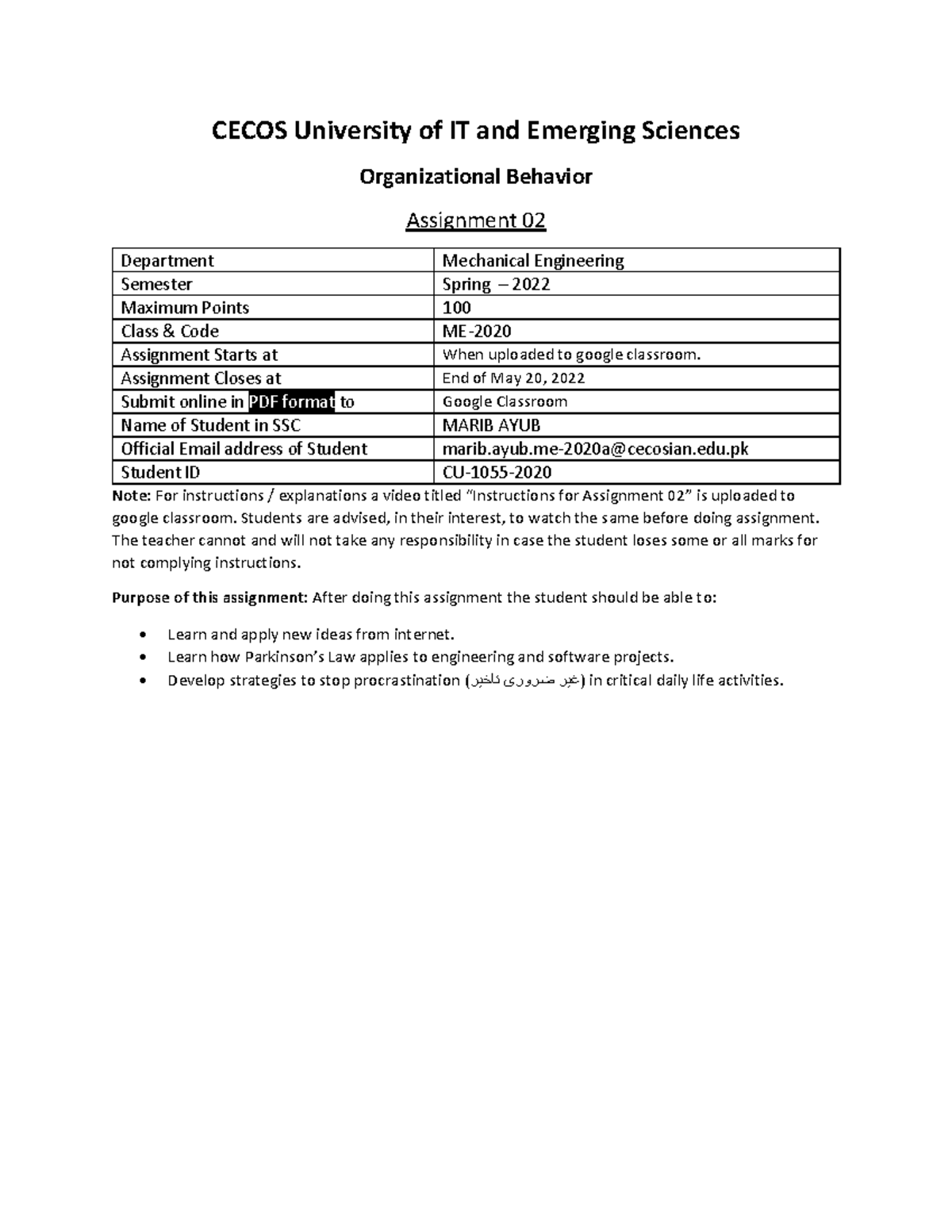 Assignment 02 OB - Organizational Behavior - CECOS University of IT and ...