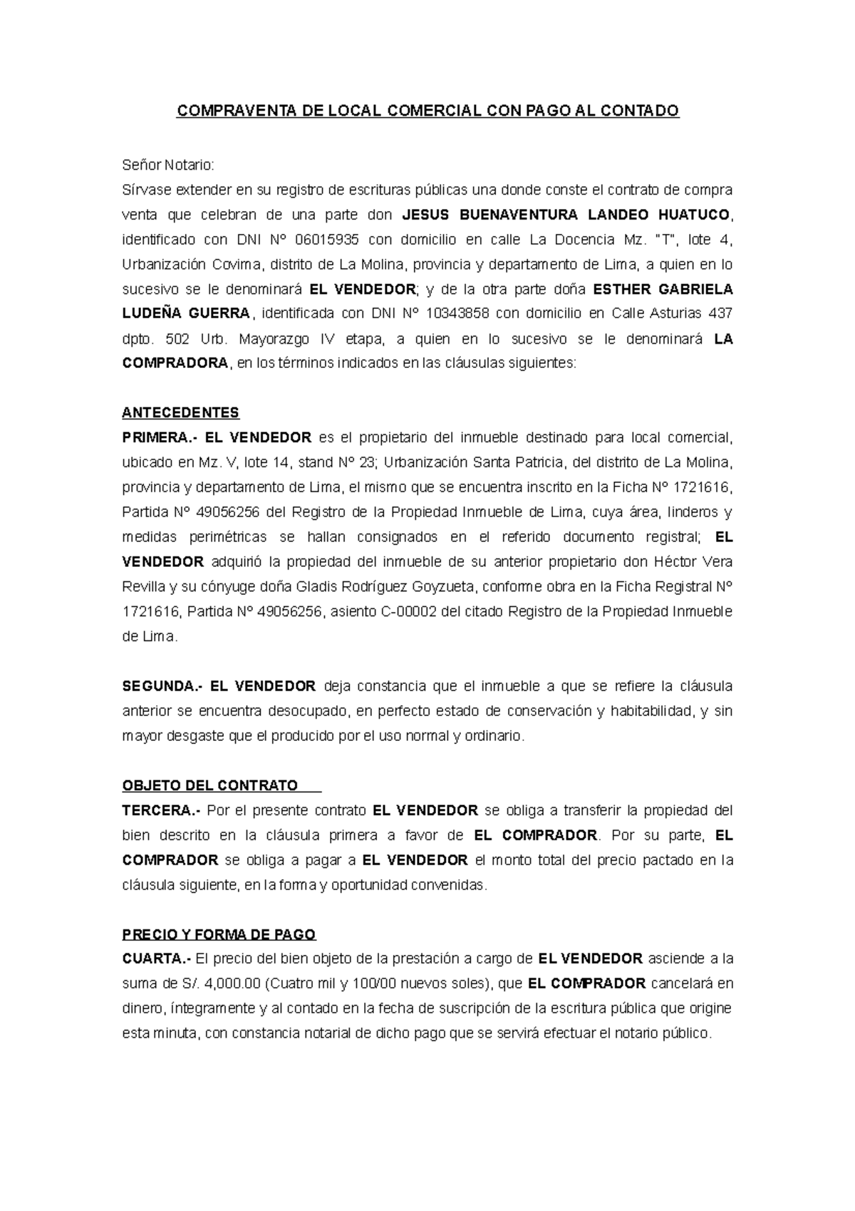 Compraventa DE Local Comercial CON PAGO AL Contado - COMPRAVENTA DE ...