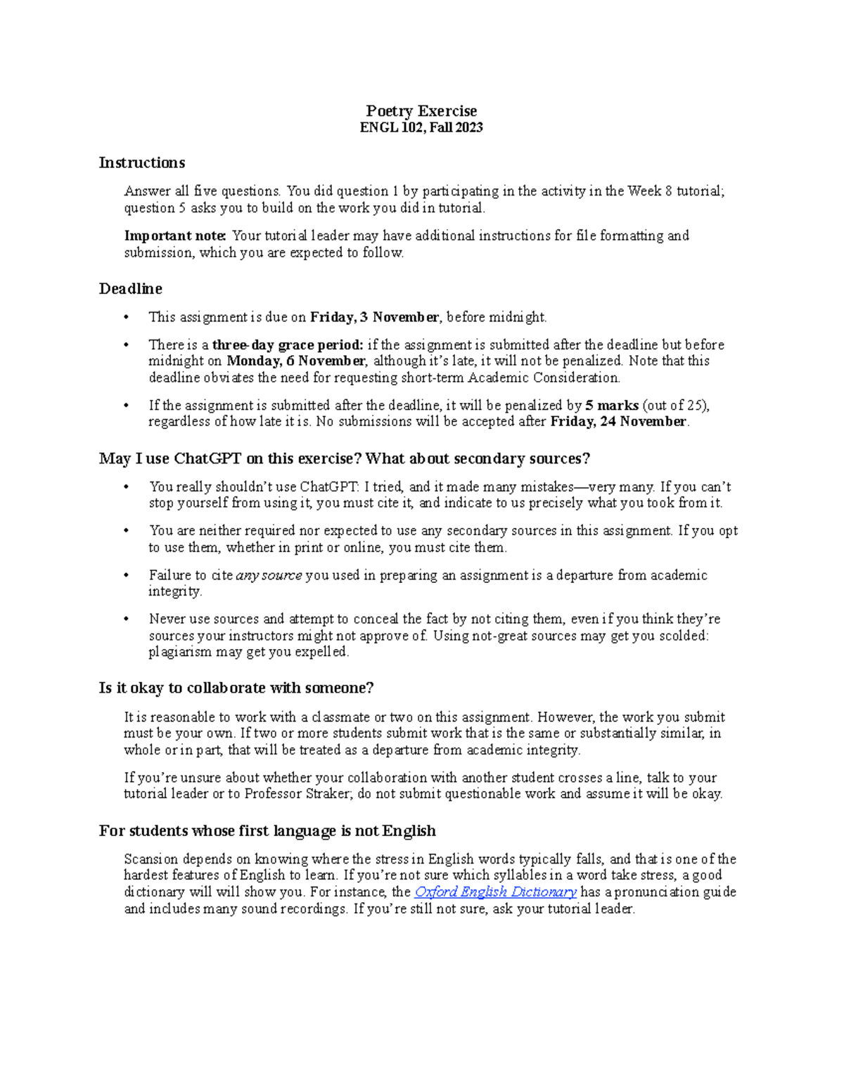 Poetry exercise - Semester 1 assignment - Poetry Exercise ENGL 102 ...