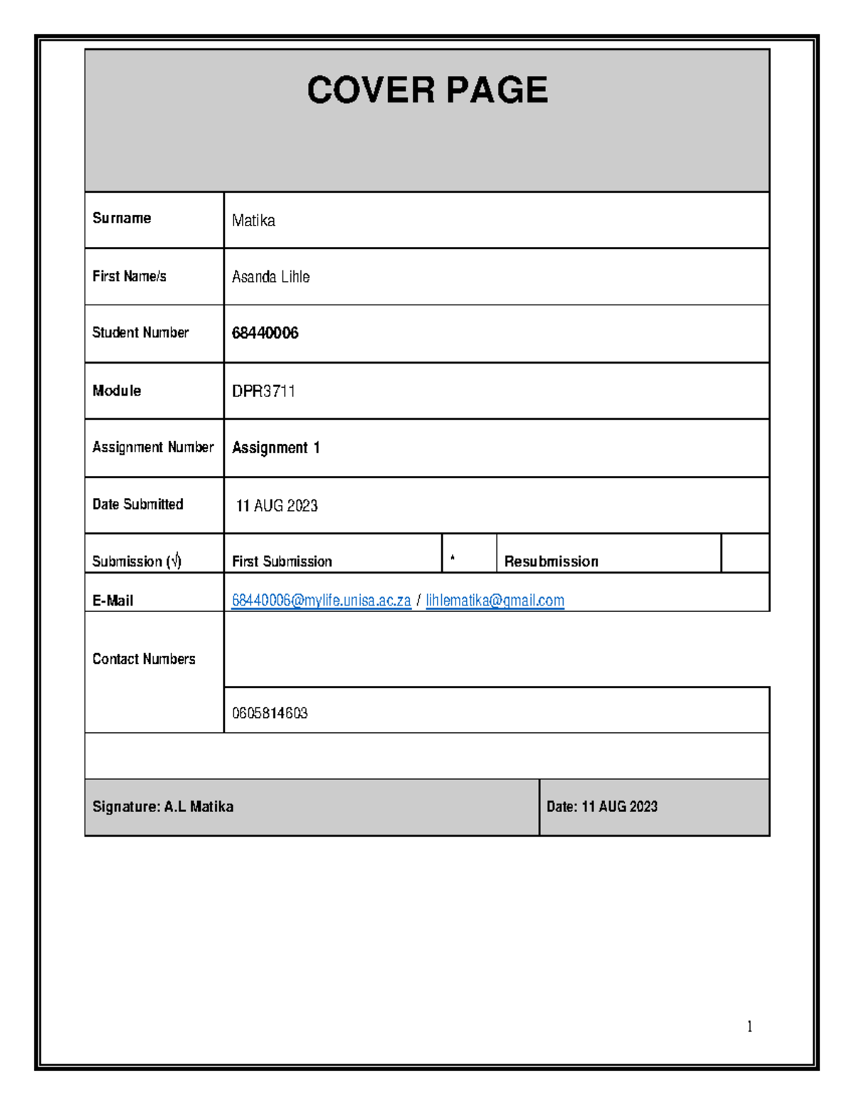 Asanda Lihle Matika 12414022 0 - COVER PAGE Surname Matika First Name/s ...