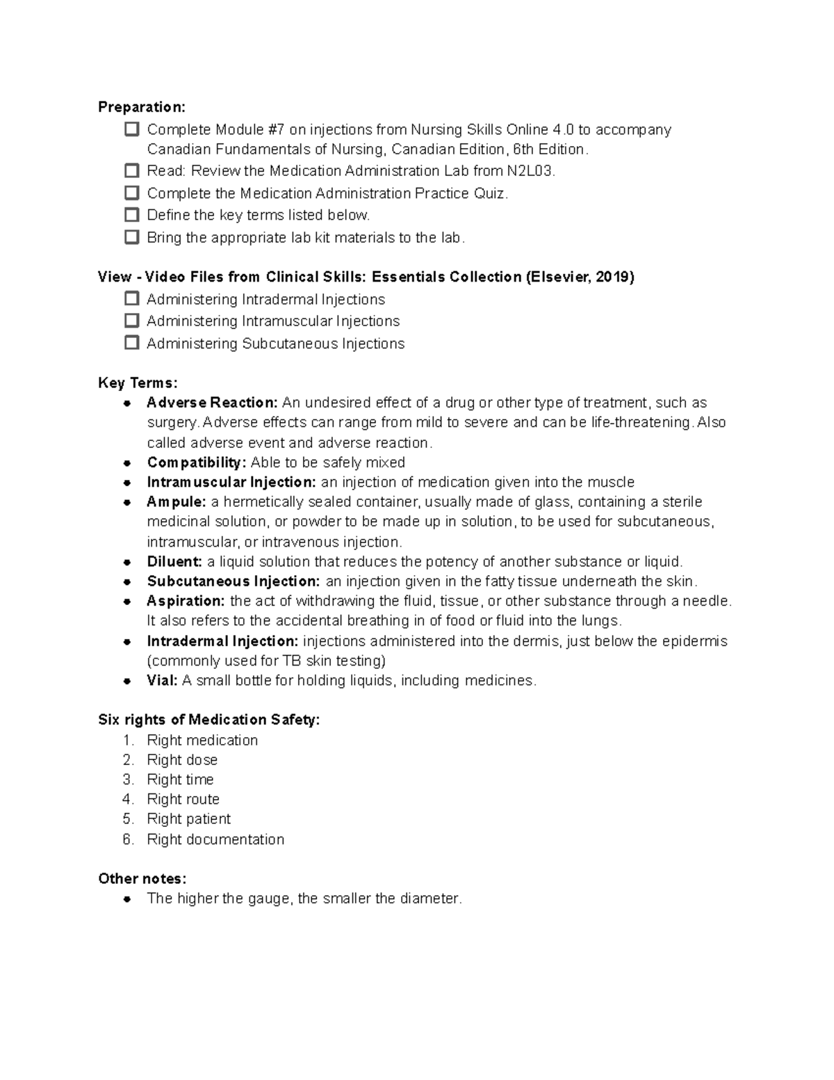 Medication Lab Injections Notes - Preparation: Complete Module #7 on ...