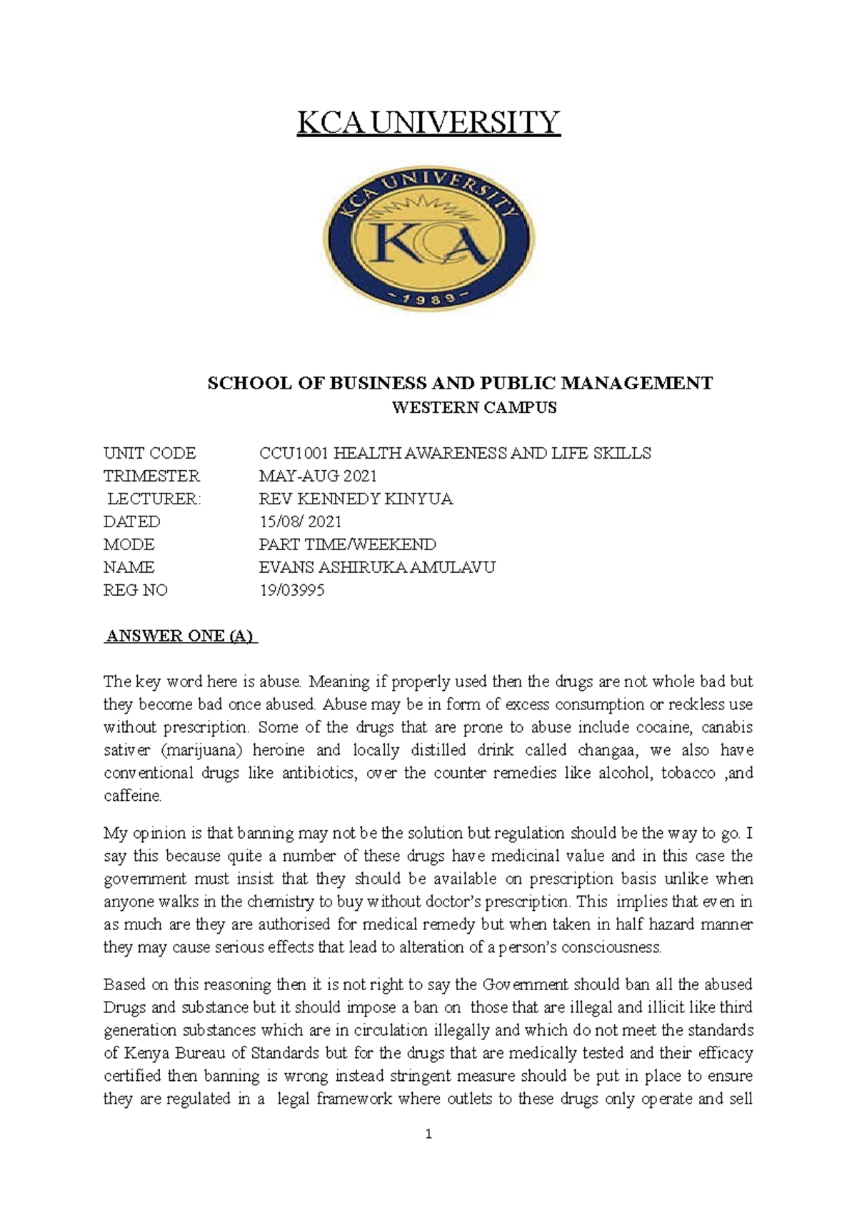 Health Awareness AND LIFE Skill END Trimester AUG EXAM - KCA UNIVERSITY ...