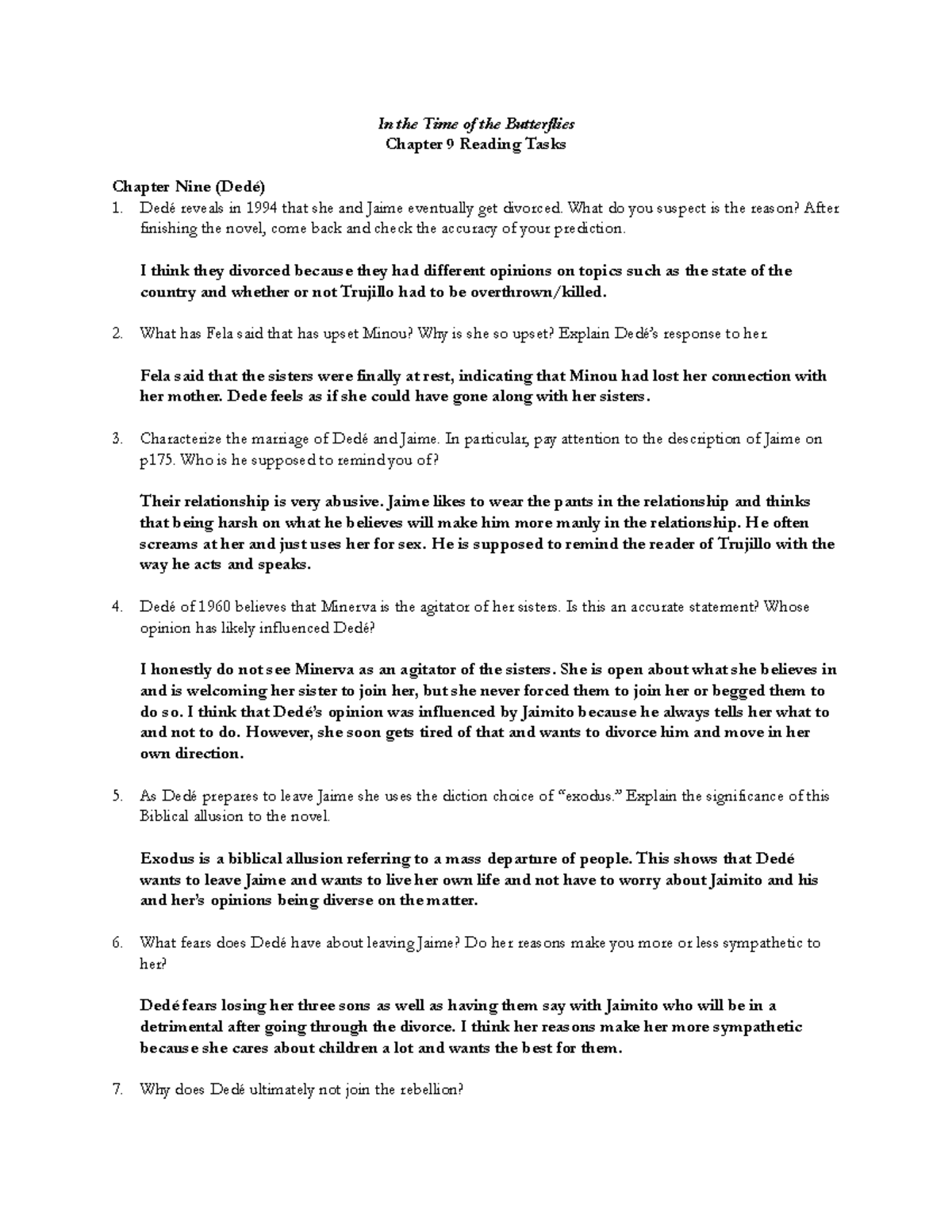 Butterflies 9 reading tasks - In the Time of the Butterflies Chapter 9 ...