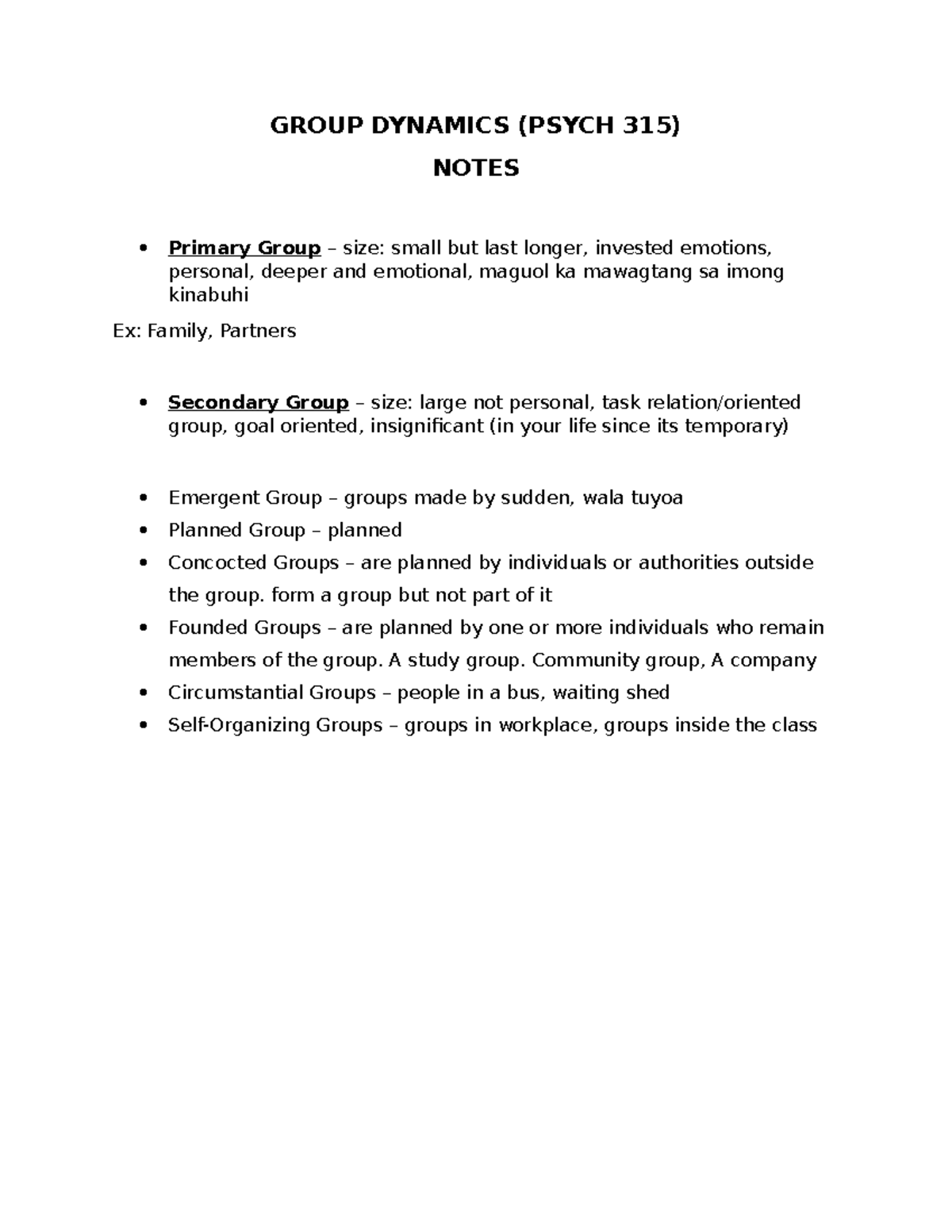 Psych 315 Notes - GROUP DYNAMICS (PSYCH 315) NOTES Primary Group – size ...