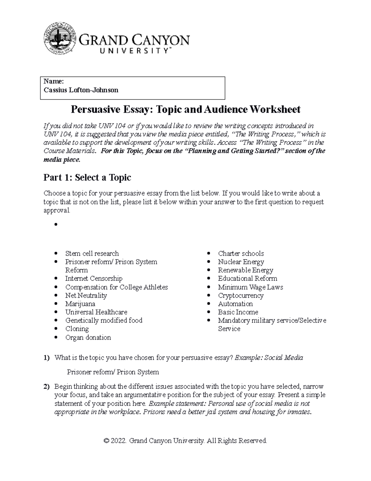 T1 Topicand Audience Worksheet PHI105 Persuasive Essay Planning 9 5 22 ...