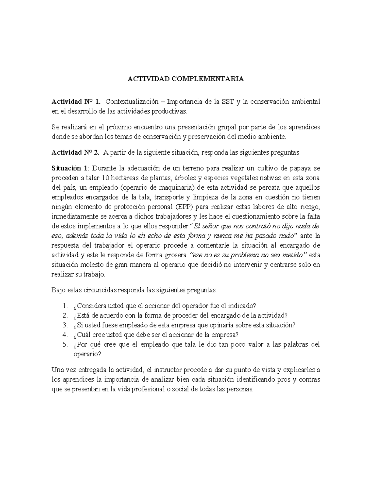 Actividad Complementaria SST - ACTIVIDAD COMPLEMENTARIA Actividad N° 1. Contextualización ...