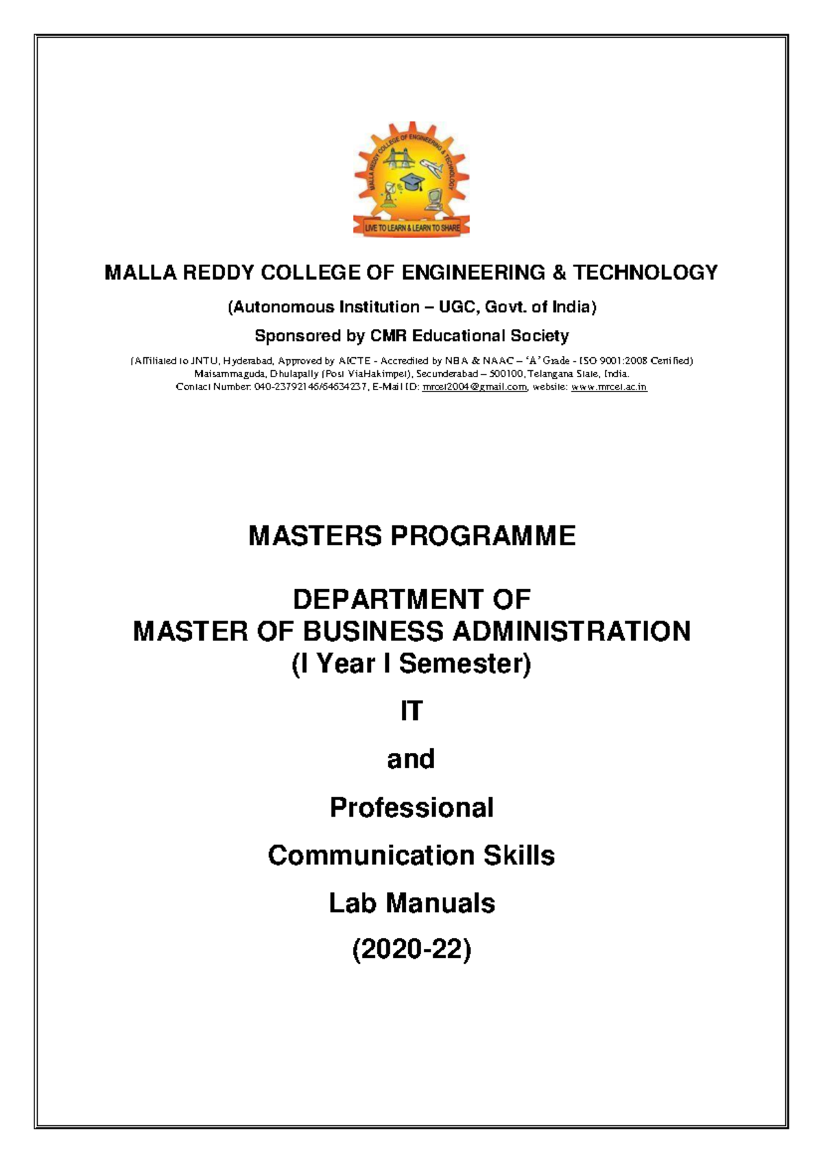 MBA SDA Lab Manual - Good for lab - MALLA REDDY COLLEGE OF ENGINEERING & TECHNOLOGY (Autonomous ...