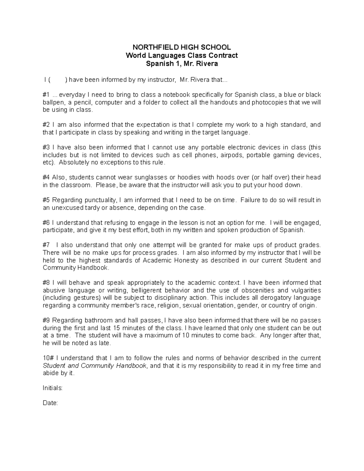 Rivera Language Class Contract - NORTHFIELD HIGH SCHOOL World Languages ...
