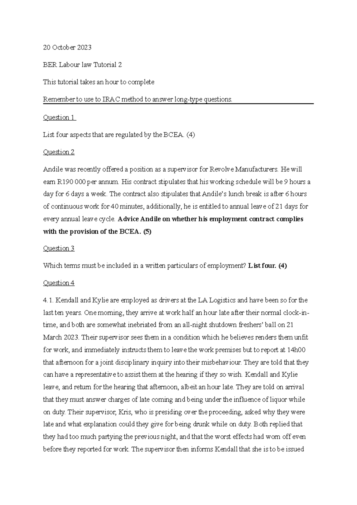 BER Tut 2 - 20 October 2023 BER Labour law Tutorial 2 This tutorial ...