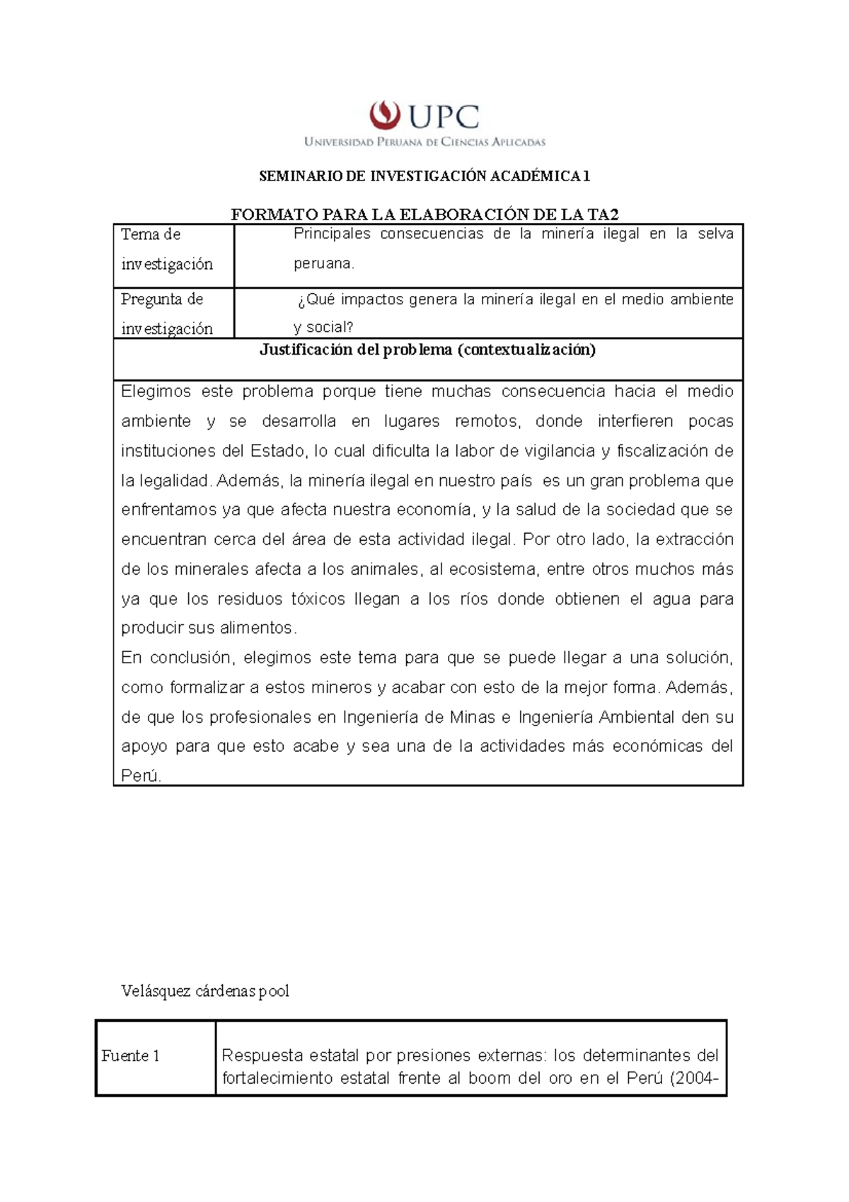 Formato para la TA2 CC - SEMINARIO DE INVESTIGACIÓN ACADÉMICA 1 FORMATO ...
