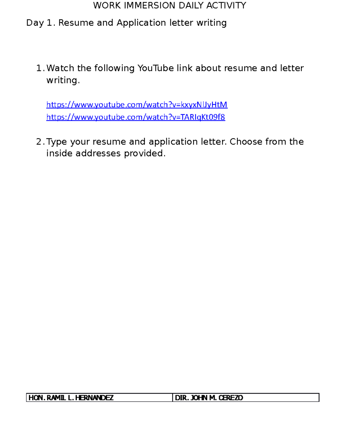 WORK Immersion DAY 1 5 Activities - WORK IMMERSION DAILY ACTIVITY Day 1 ...