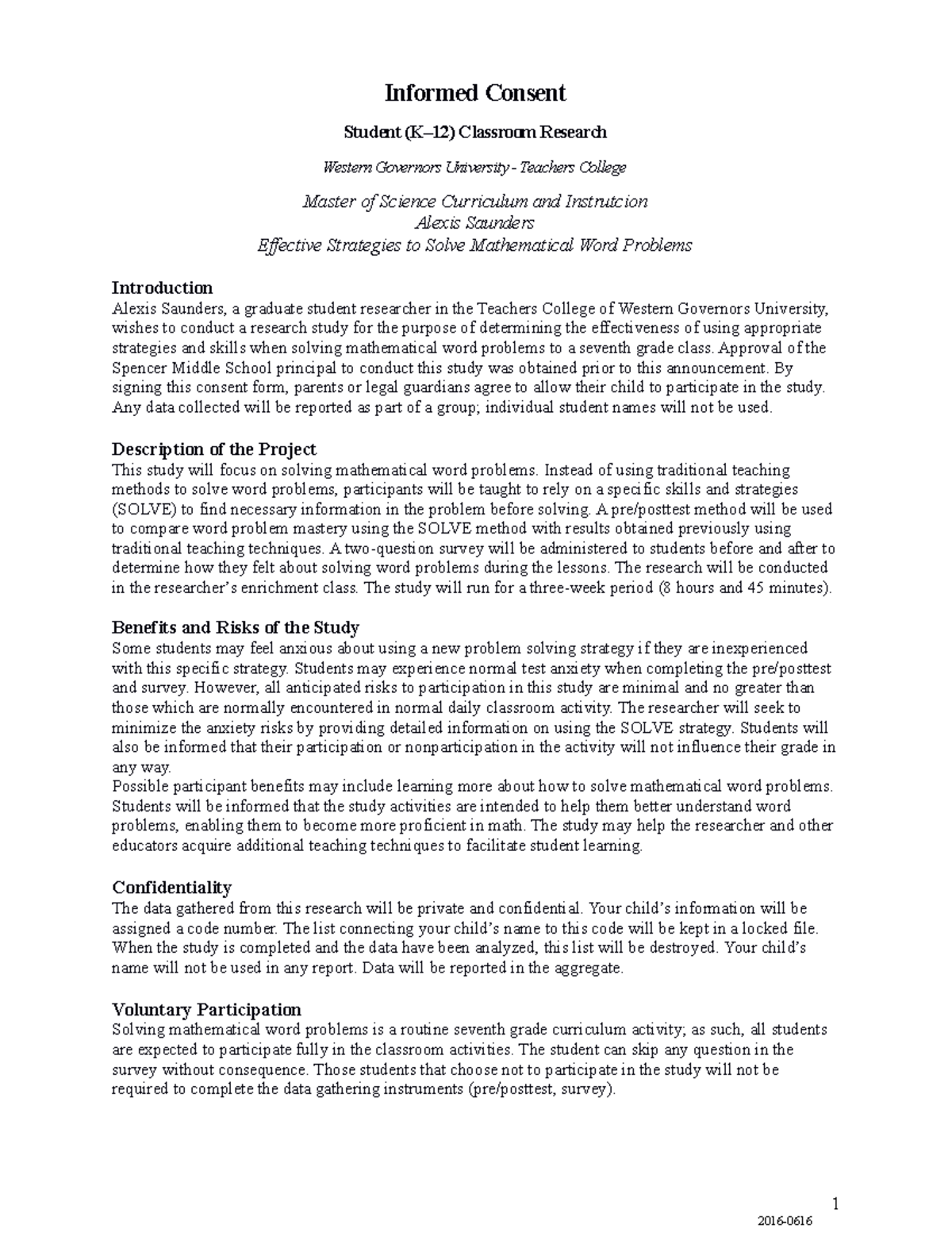 Informed Consent Template Children - Informed Consent Student (K–12 ...