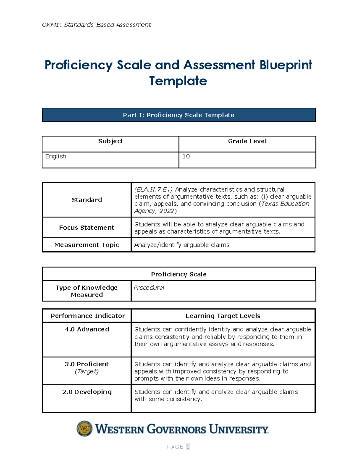Proficiency Scale and Assessment Blueprint Template - OKM1: Standards ...