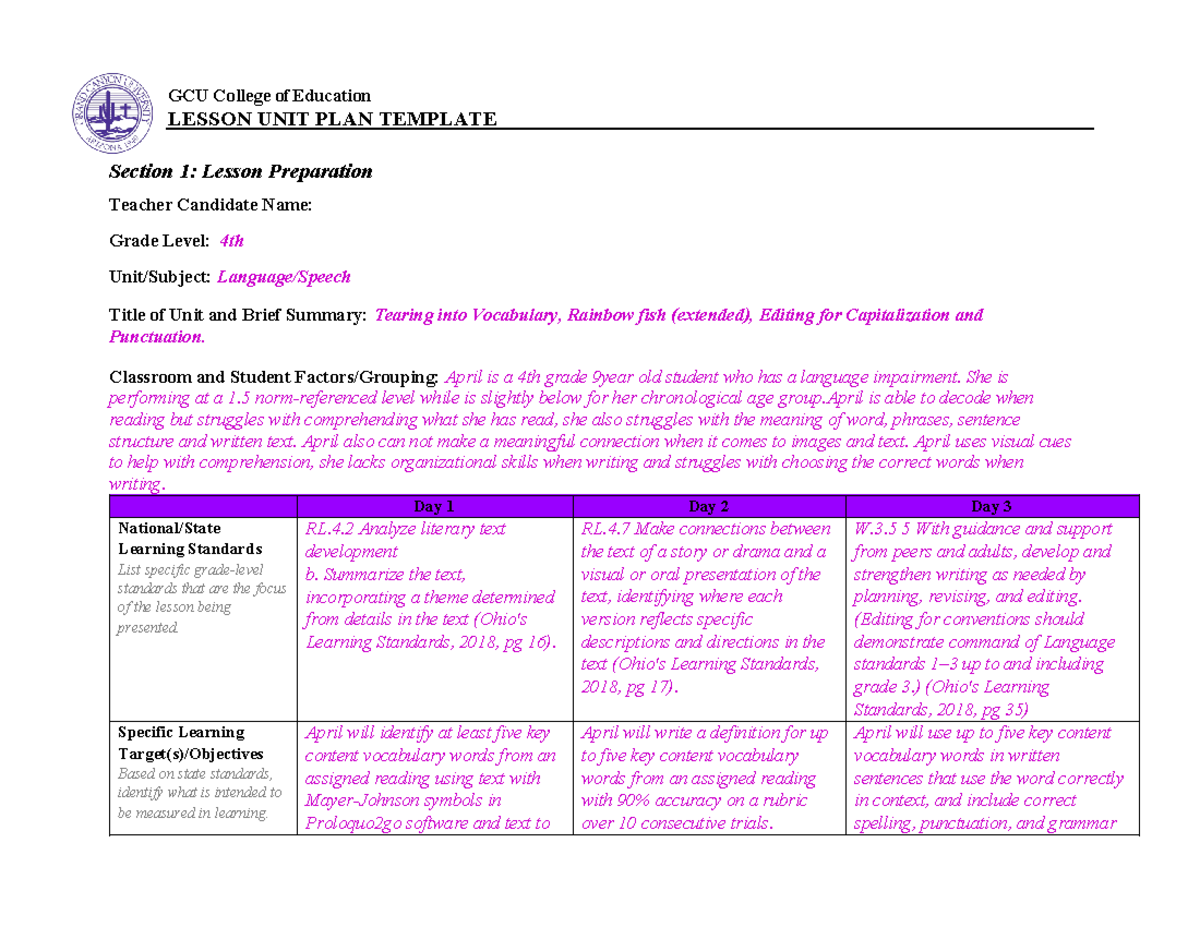 SPD 330 Module #7 example task updated 2022 - Section 1: Lesson Preparation Teacher Candidate ...