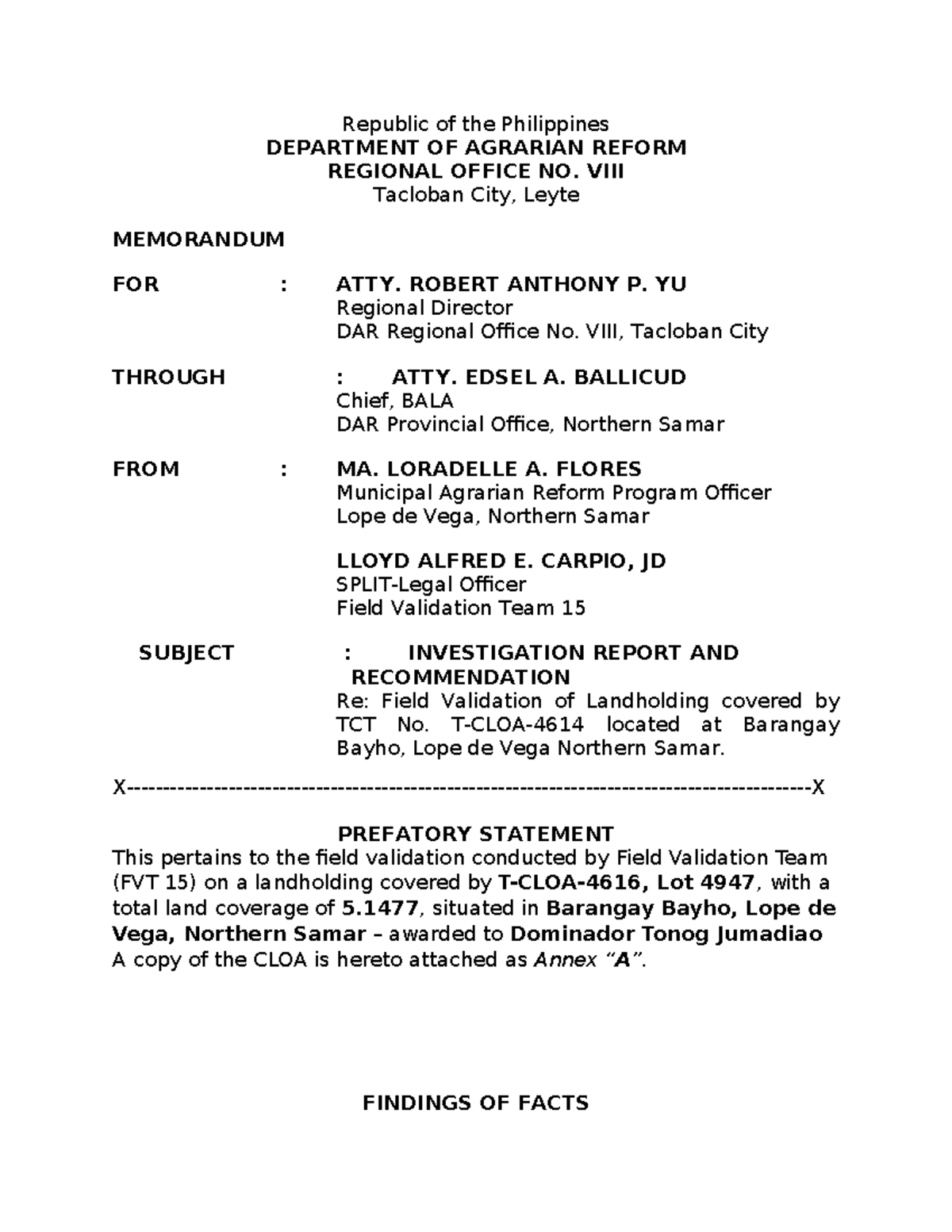 Investigation Report for Checking - T-CLOA-4614 - Republic of the ...