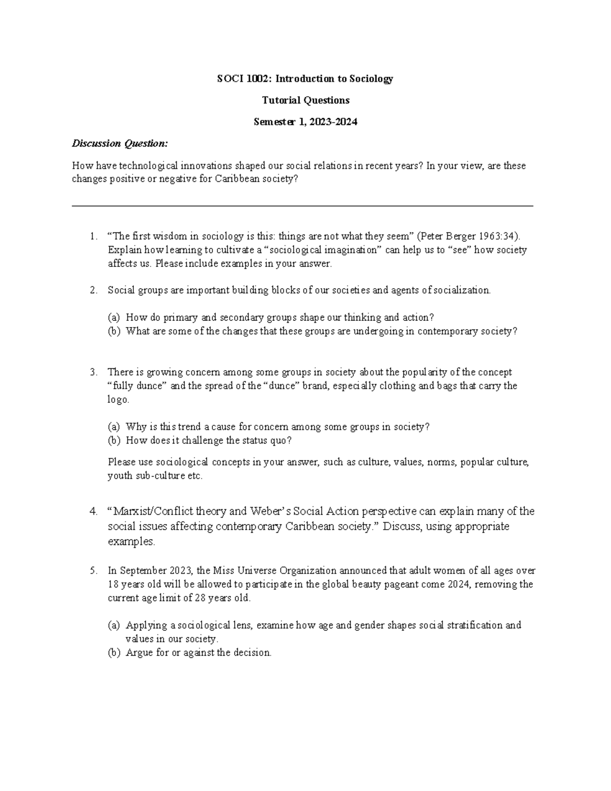 SOCI 1002 Tutorial Questions - SOCI 1002: Introduction to Sociology ...
