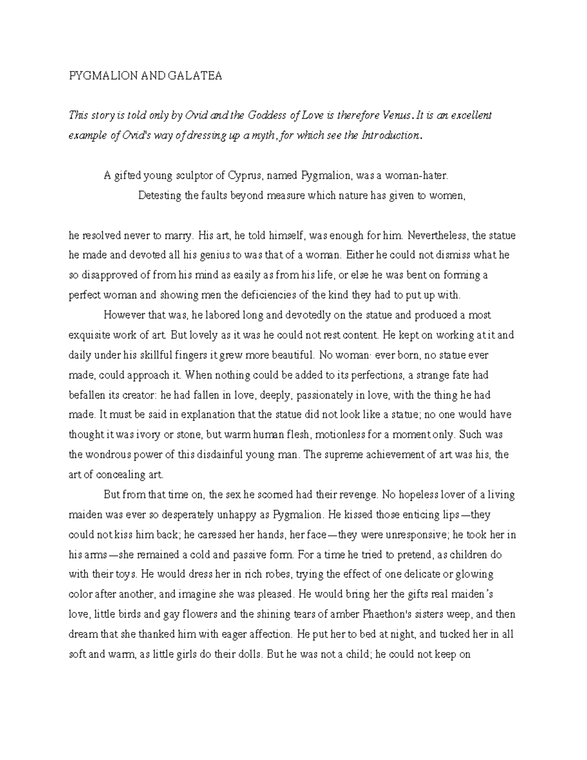 Pygmalion and galatea - notes notes - PYGMALION AND GALATEA This story ...