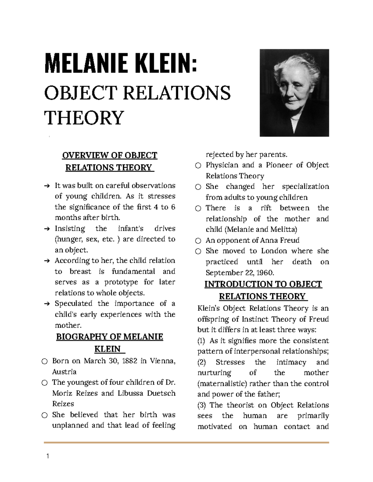 03. Klein Handouts - MELANIE KLEIN: OBJECT RELATIONS THEORY OVERVIEW OF OBJECT RELATIONS THEORY ...