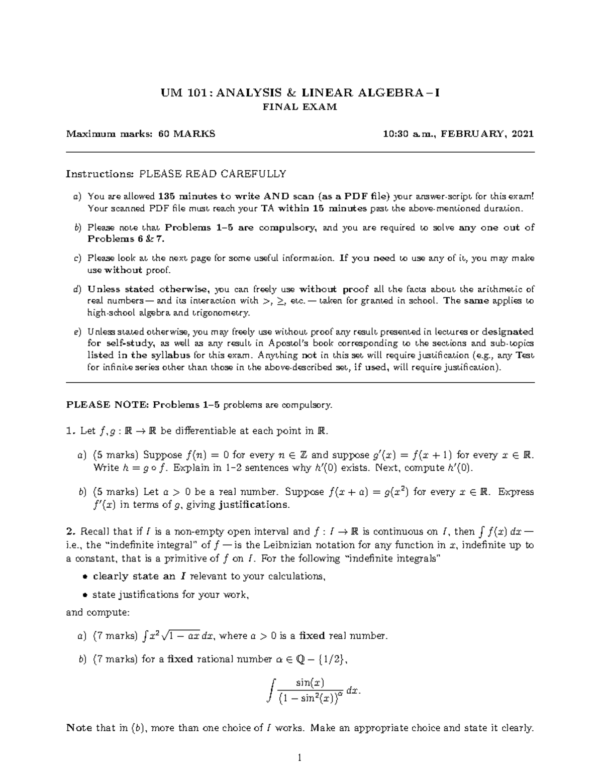 Final UM101 2020-21 - important - UM 101 : ANALYSIS & LINEAR ALGEBRA ...