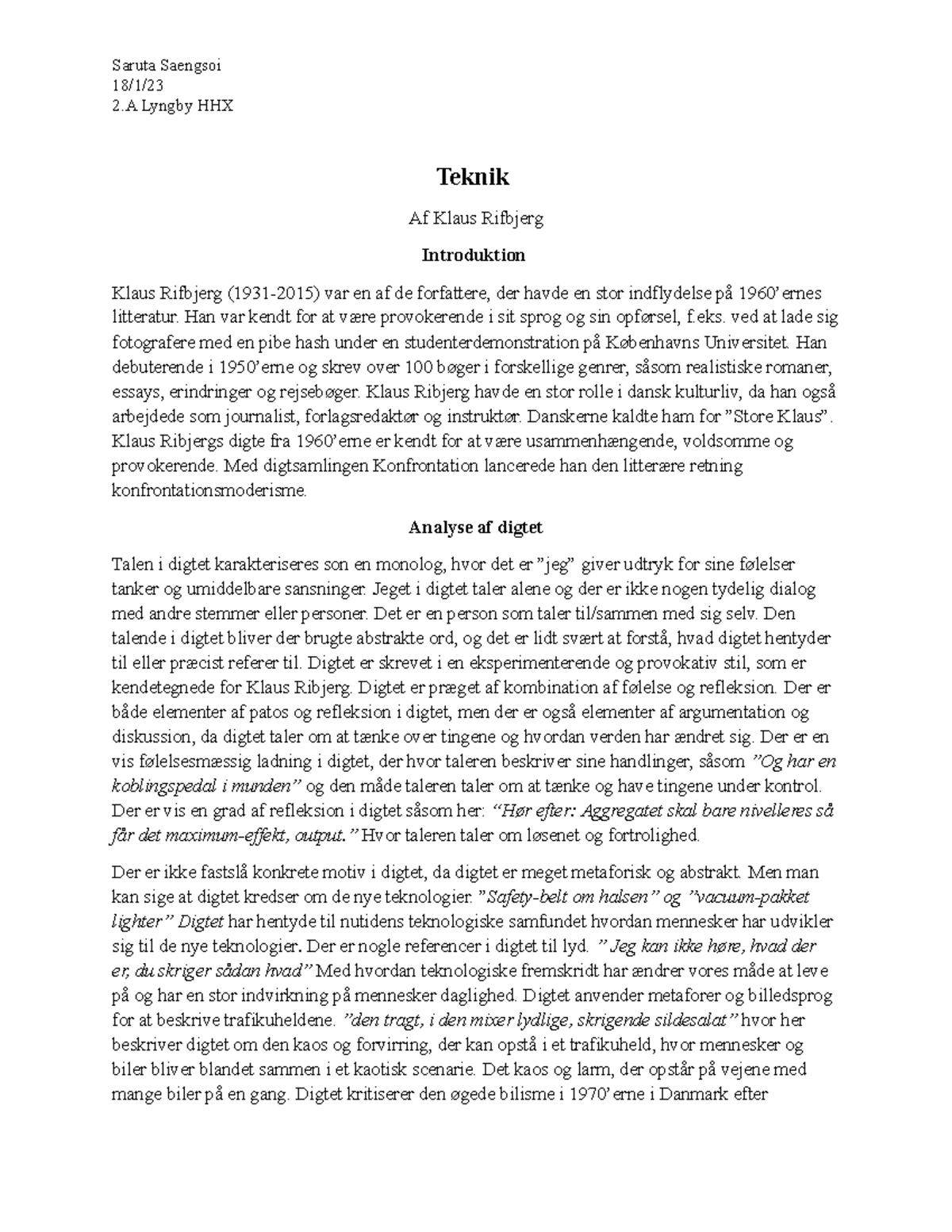 Dansk stil om digtet - Saruta Saengsoi 18/1/ 2 Lyngby HHX Teknik Af ...