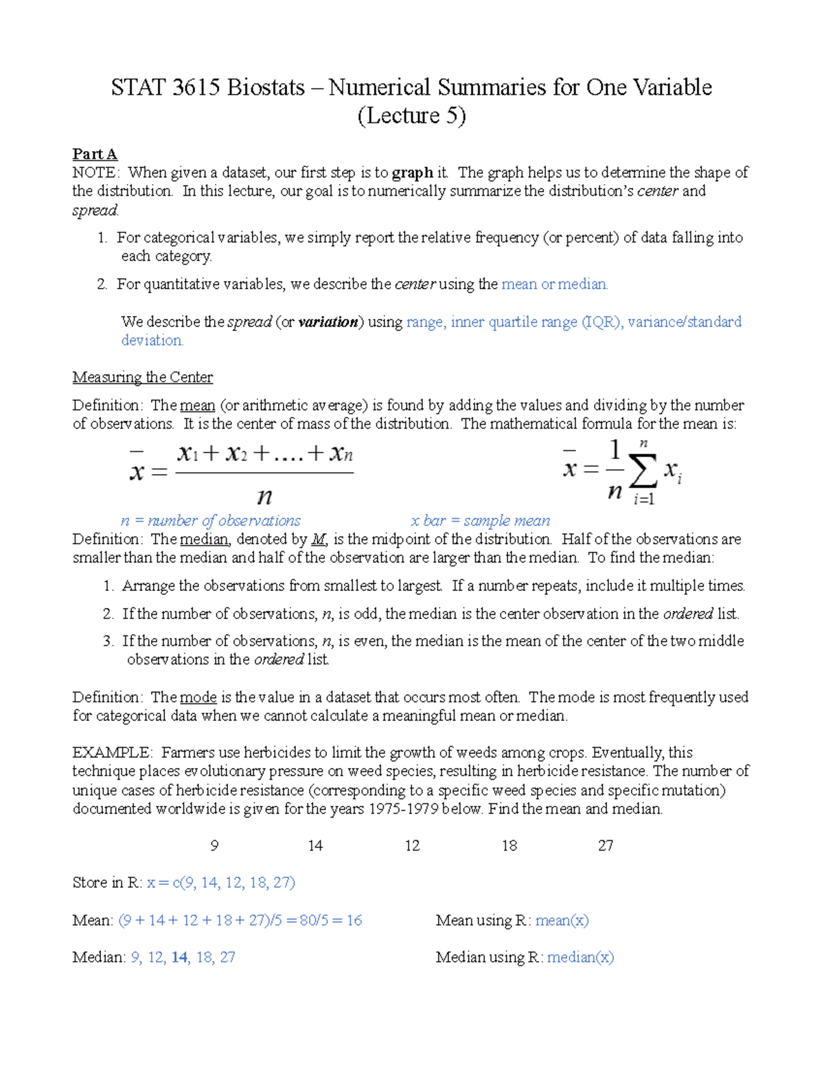 Lecture 5 Numerical Summaries Stat 3615 Biostats Numerical Summaries For One Variable