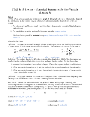 Lecture 4- Graphical Summaries - STAT 3615 Biostats – Graphical Summaries for One Variable ...