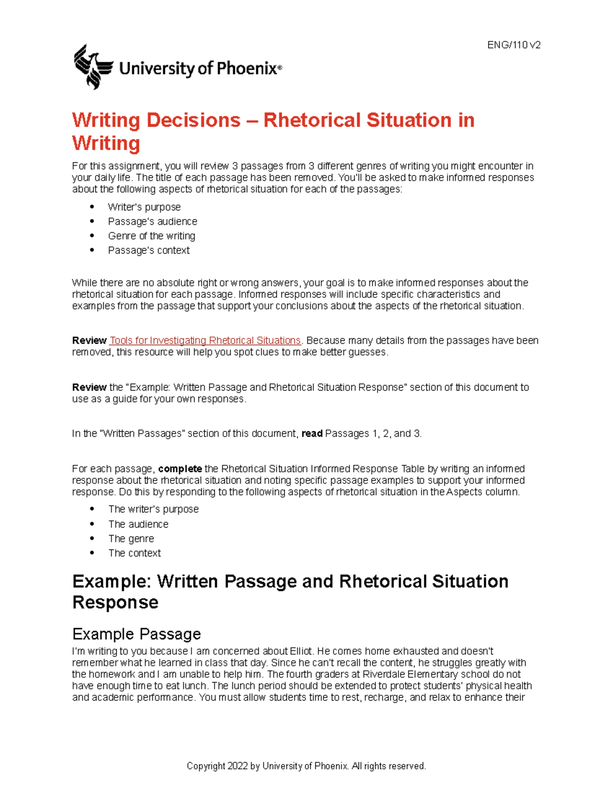 Eng 110 rhectorial worksheet - ENG/110 v Writing Decisions – Rhetorical Situation in Writing For ...