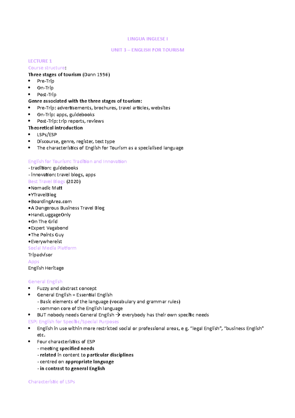 UNIT 3 - English FOR Tourism - LINGUA INGLESE I UNIT 3 – ENGLISH FOR ...