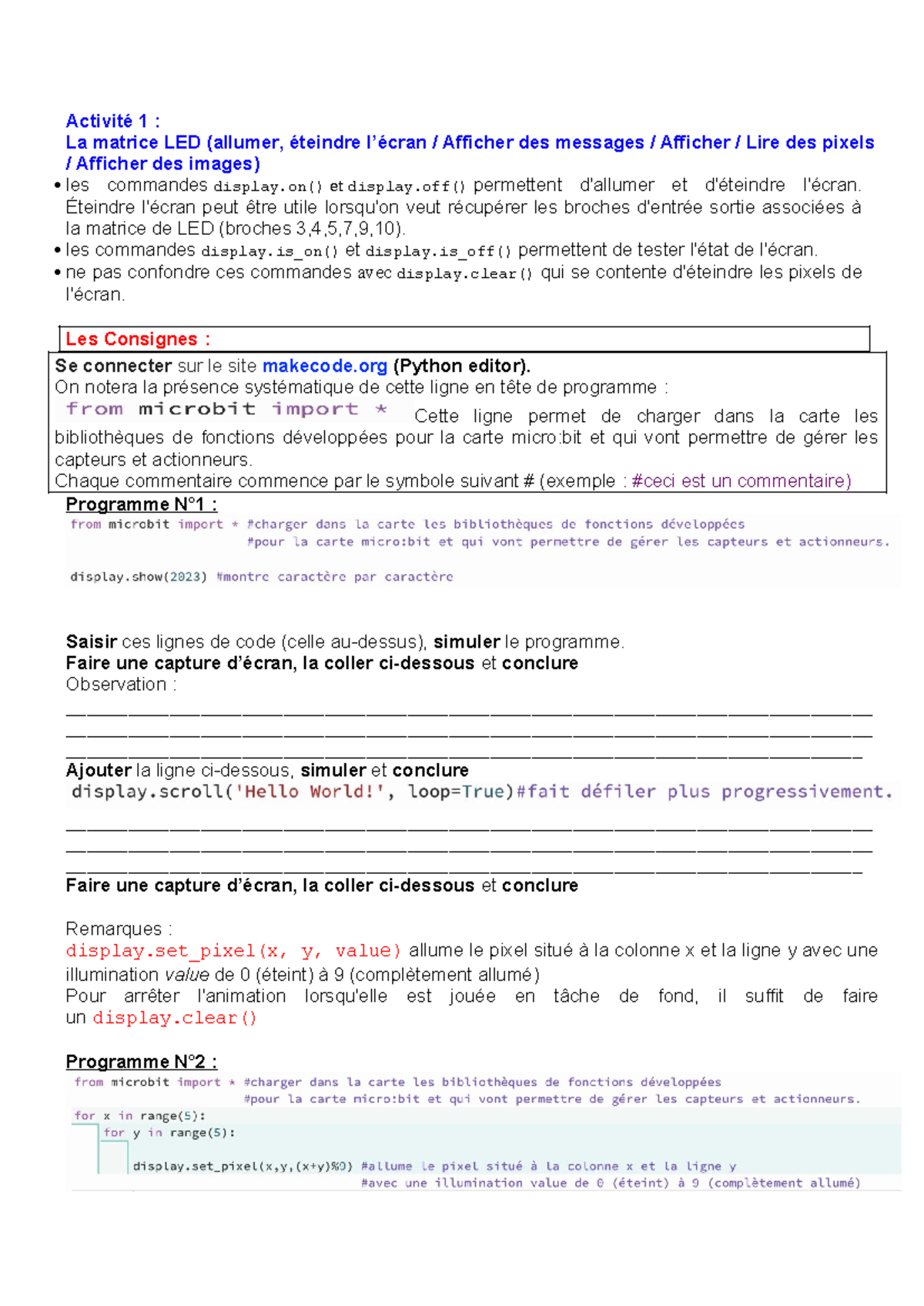 Activité 1 DM - Devoir maison - Activité 1 : La matrice LED (allumer ...